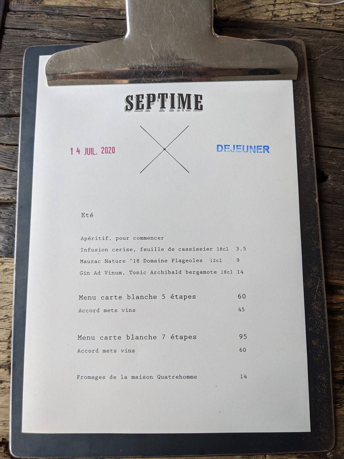 Menu at Septime restaurant, Paris, 80 Rue de Charonne