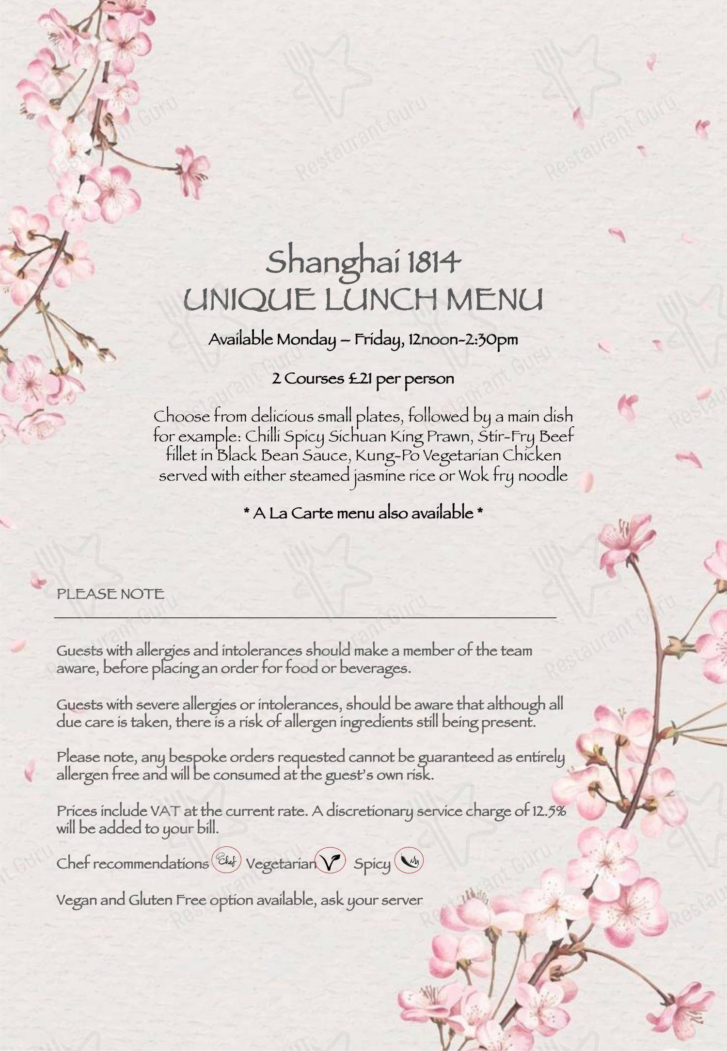 Menu at Shanghai 1814 Restaurant, Southampton