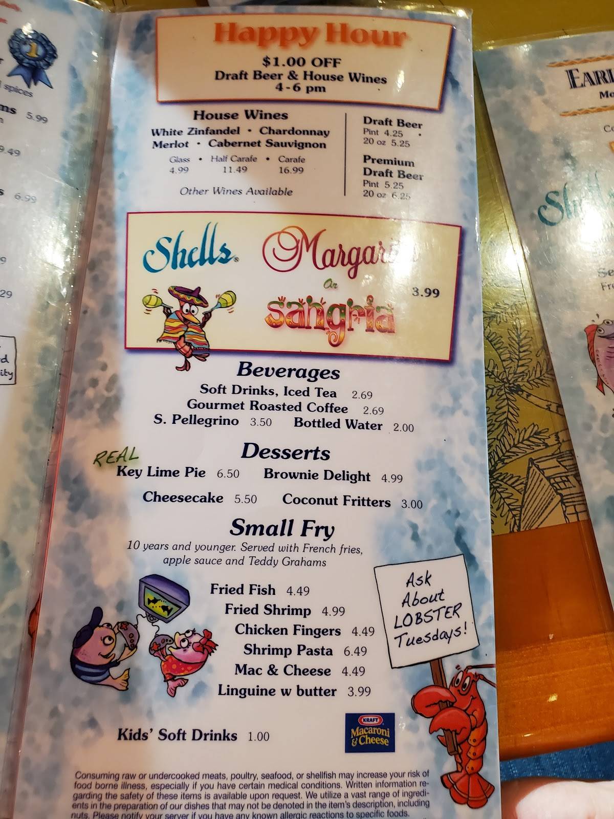 Menu at Shells of Melbourne restaurant, Melbourne