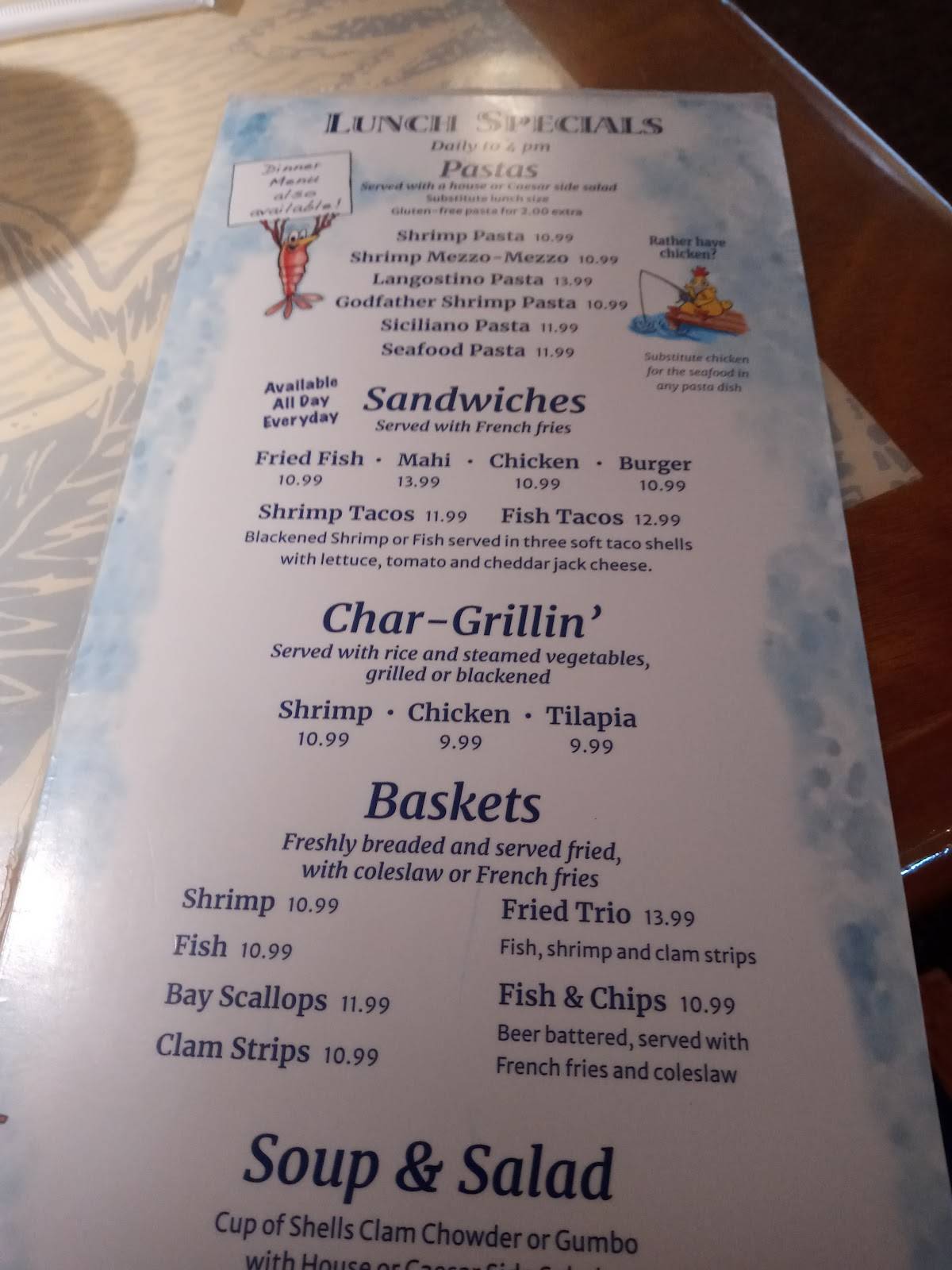 Menu at Shells of Melbourne restaurant, Melbourne