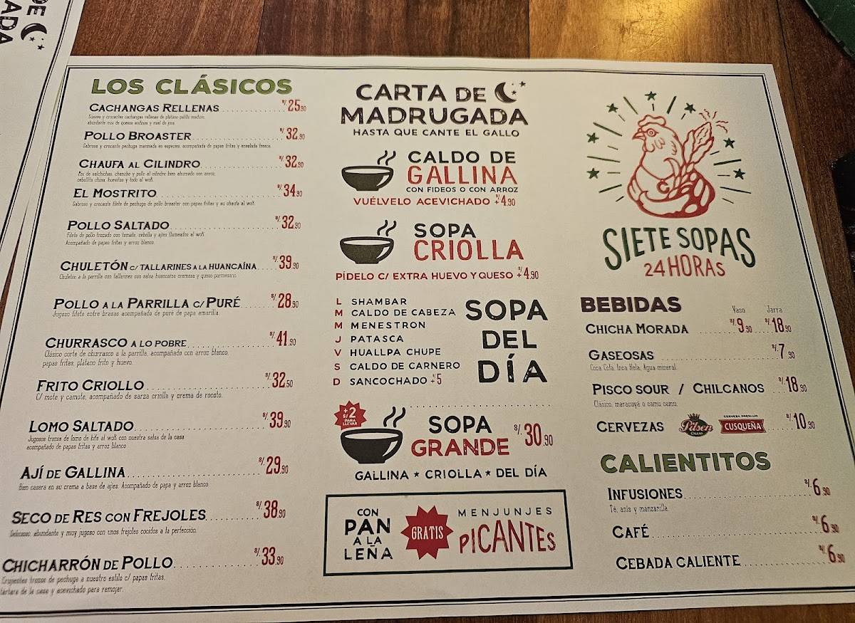 Carta del restaurante Siete Sopas, Trujillo