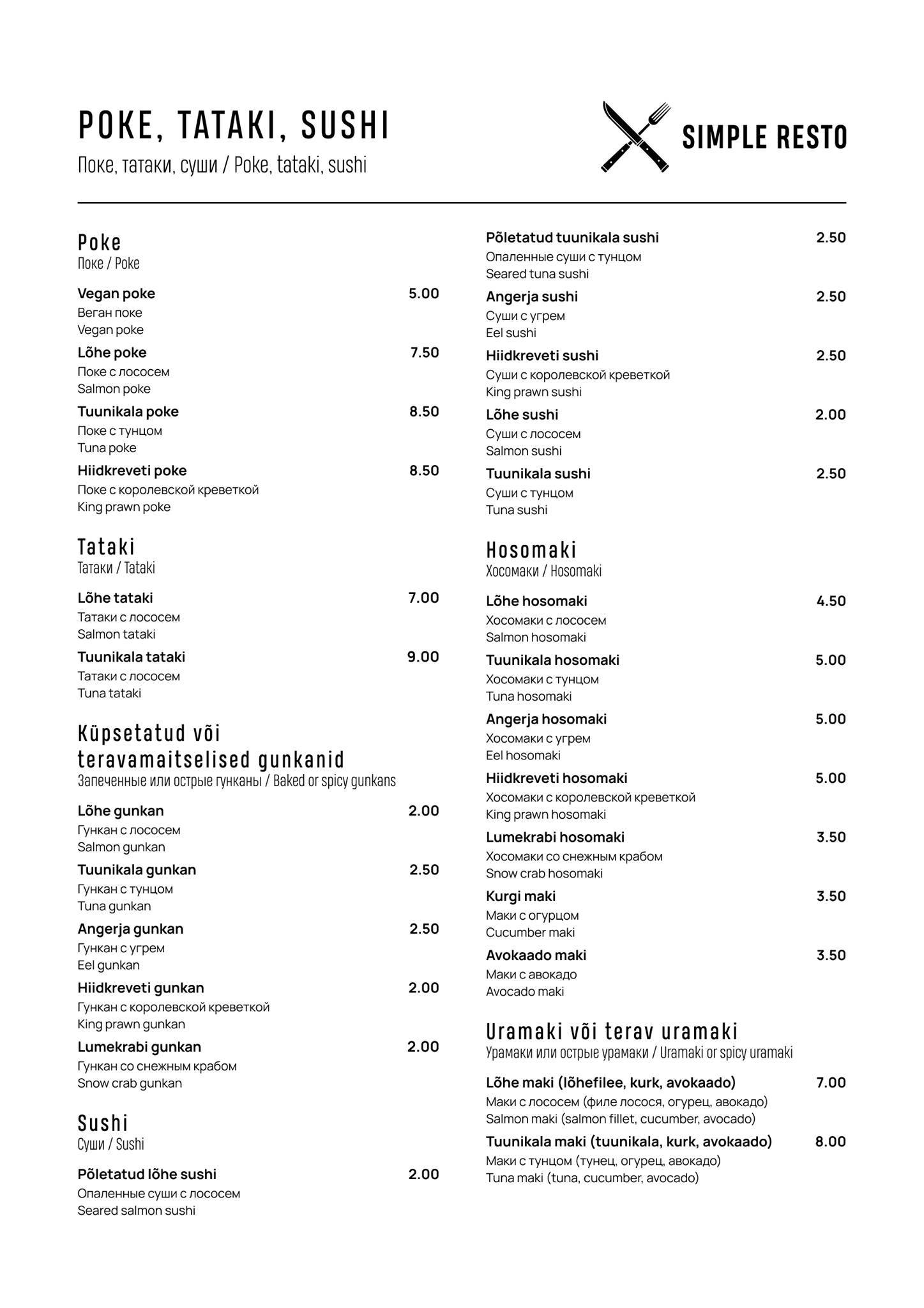 Speisekarte von Simple Resto restaurant, Tallinn