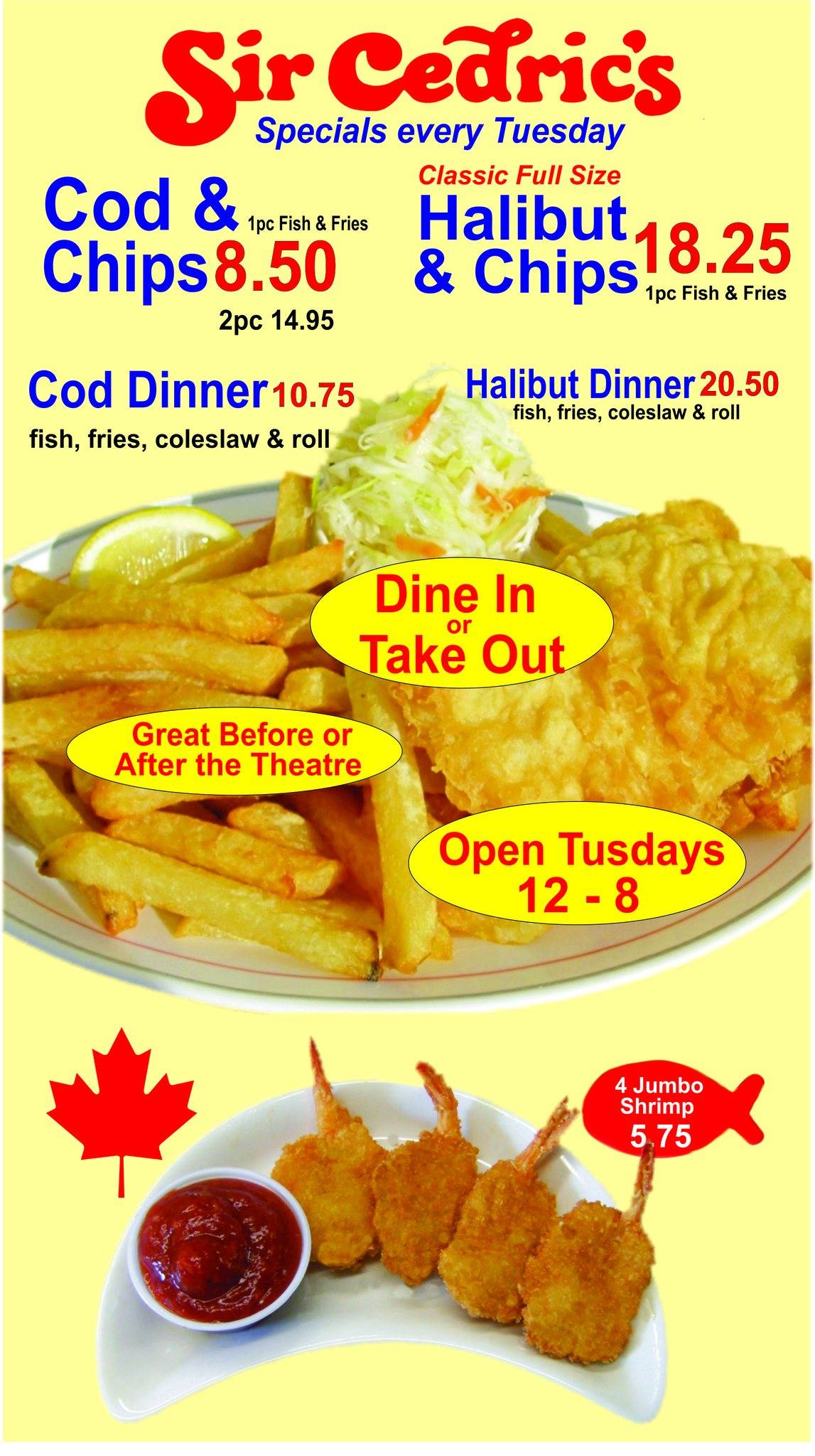 Menu at Sir Cedric's Fish & Chips restaurant, Windsor, 468 University Ave W