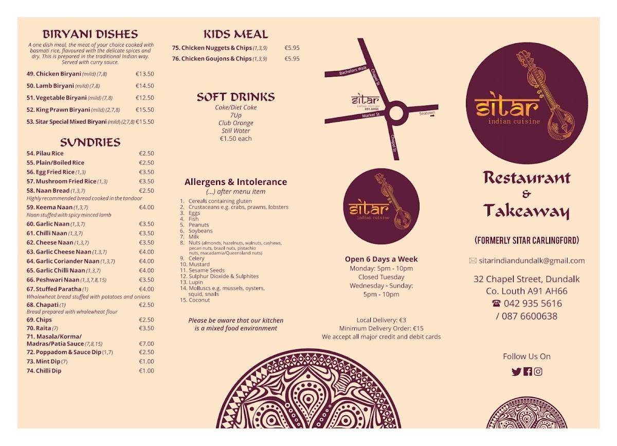Menu at Sitar Indian Restaurant & Takeaway, Dundalk