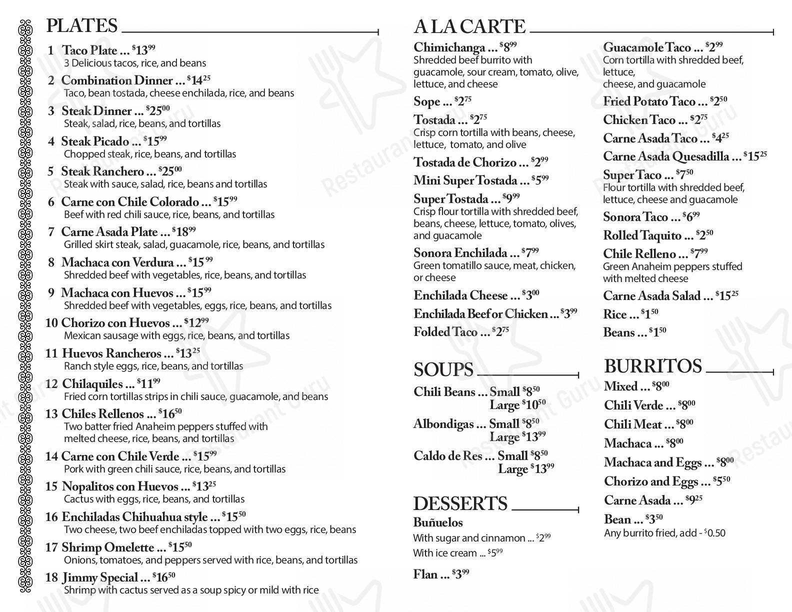 Menu at Sobe's restaurant, El Centro
