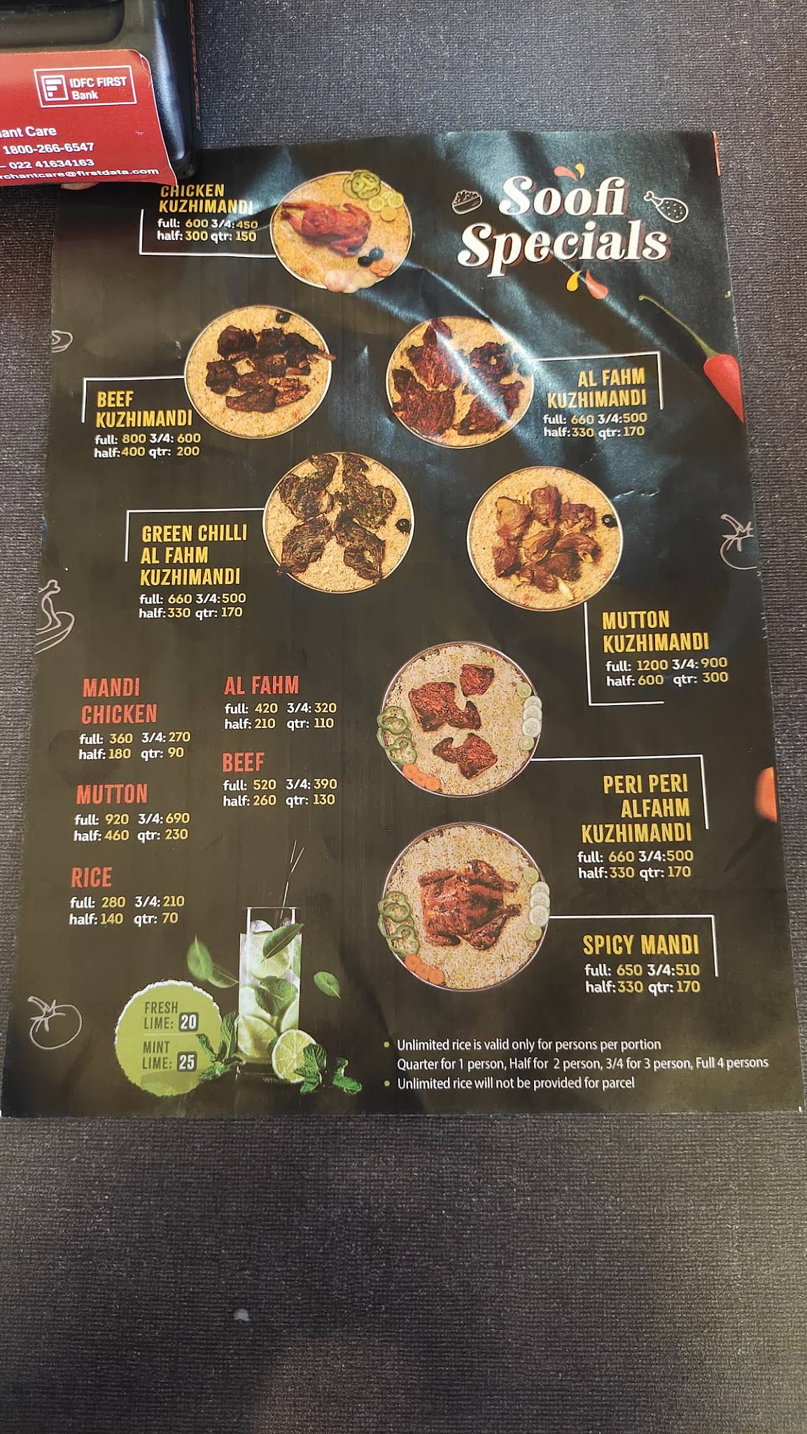 Menu at Soofi Mandi, Thrissur