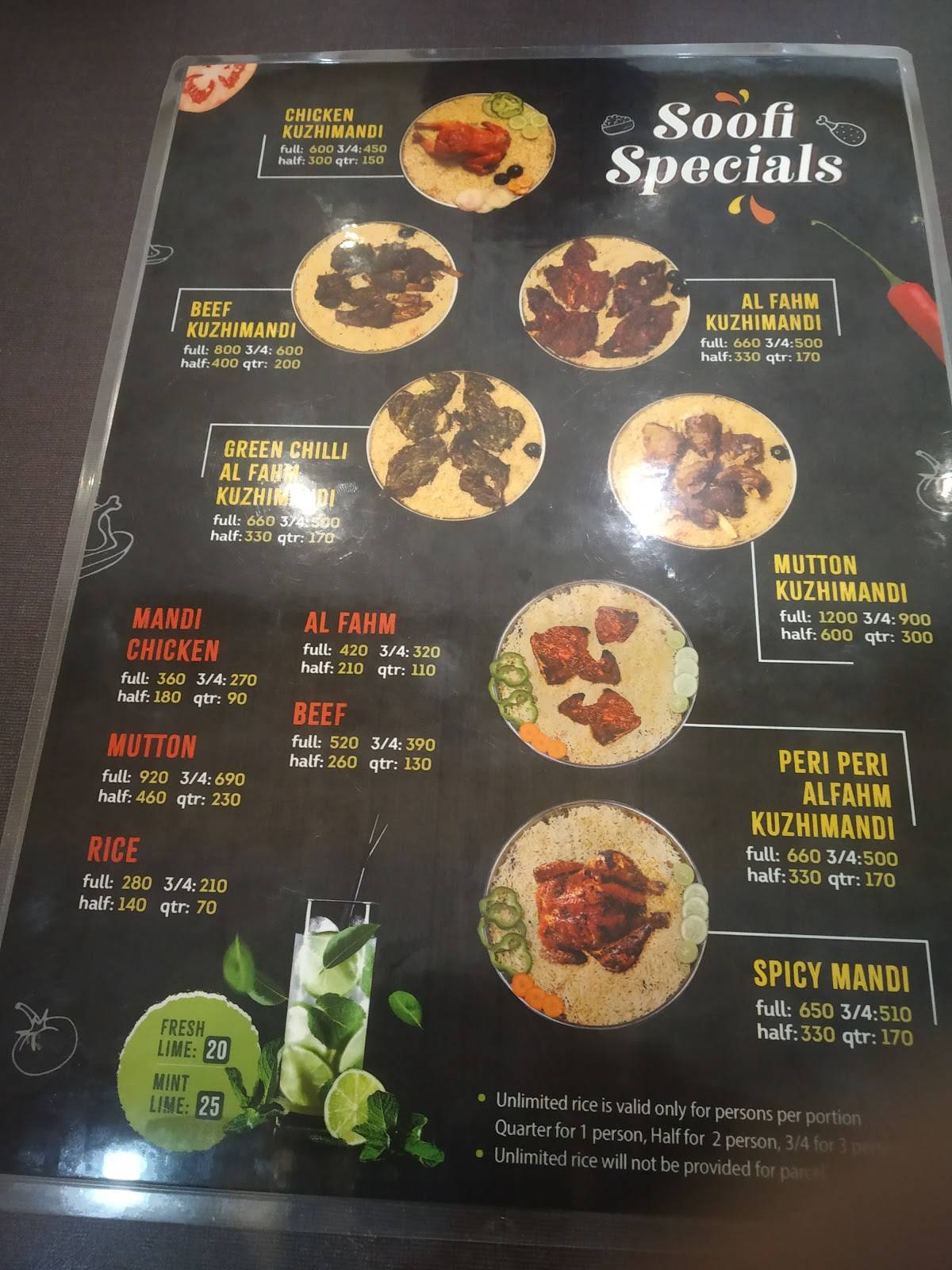 Menu at Soofi Mandi, Thrissur