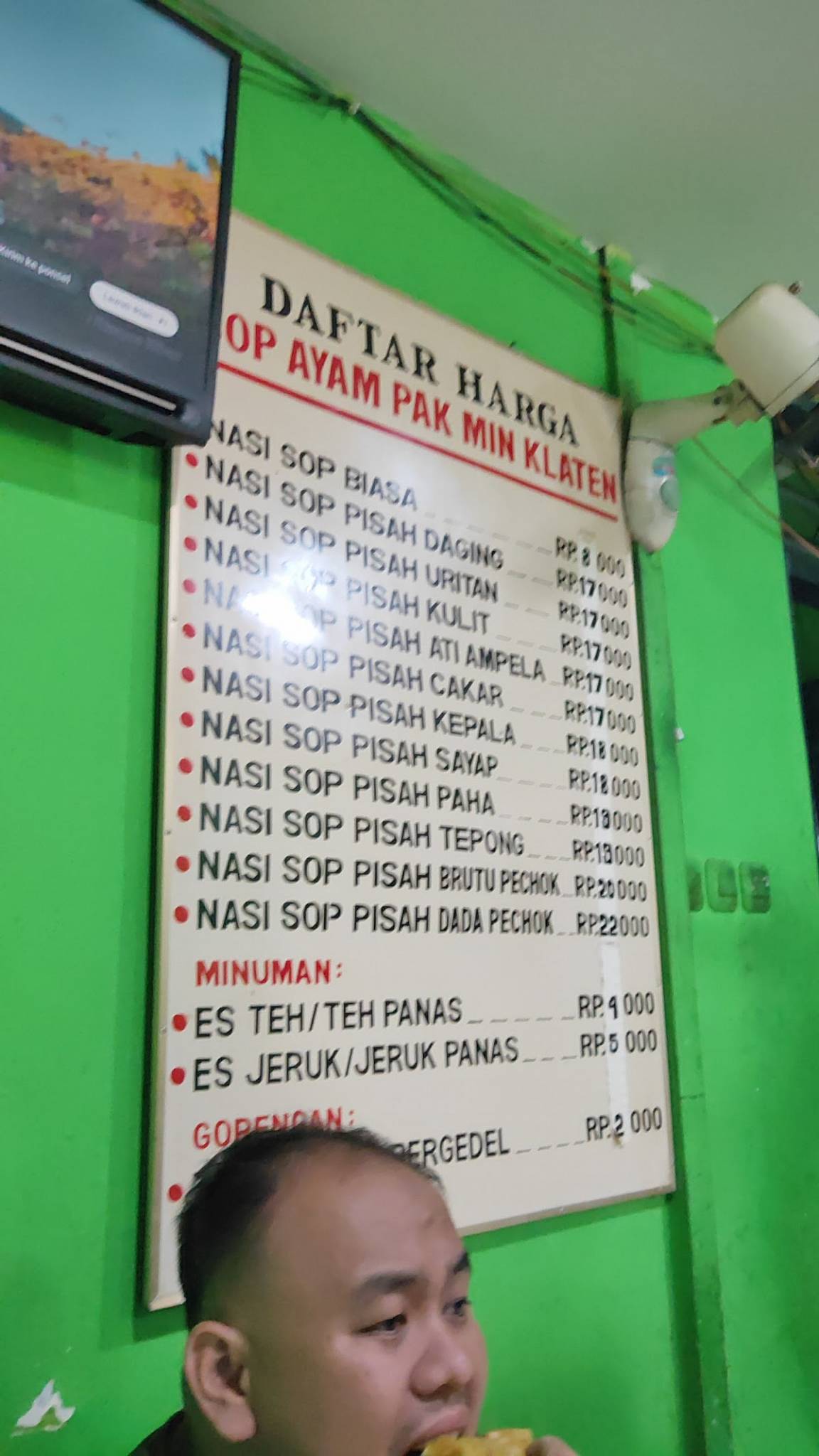 Carta del restaurante Sop Ayam Pak Min Klaten, Semarang, Jl. Jati Raya ...