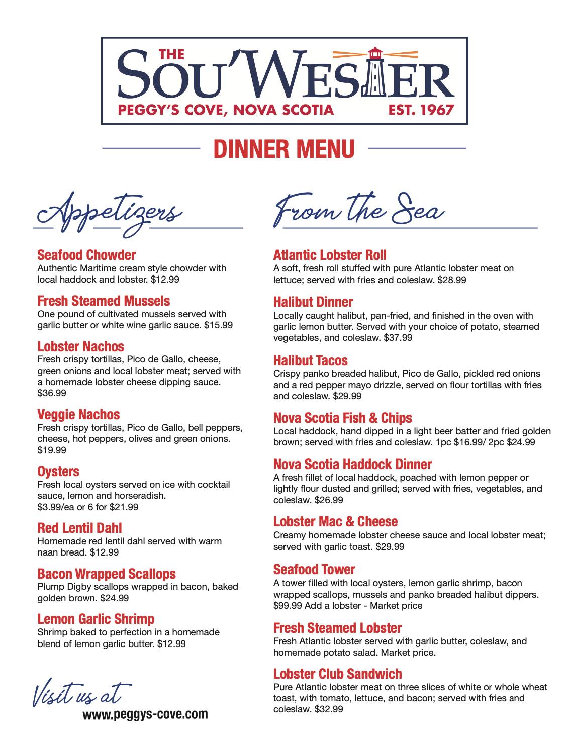 Menu at Sou’Wester Gift & Restaurant Company Ltd., Peggys Cove