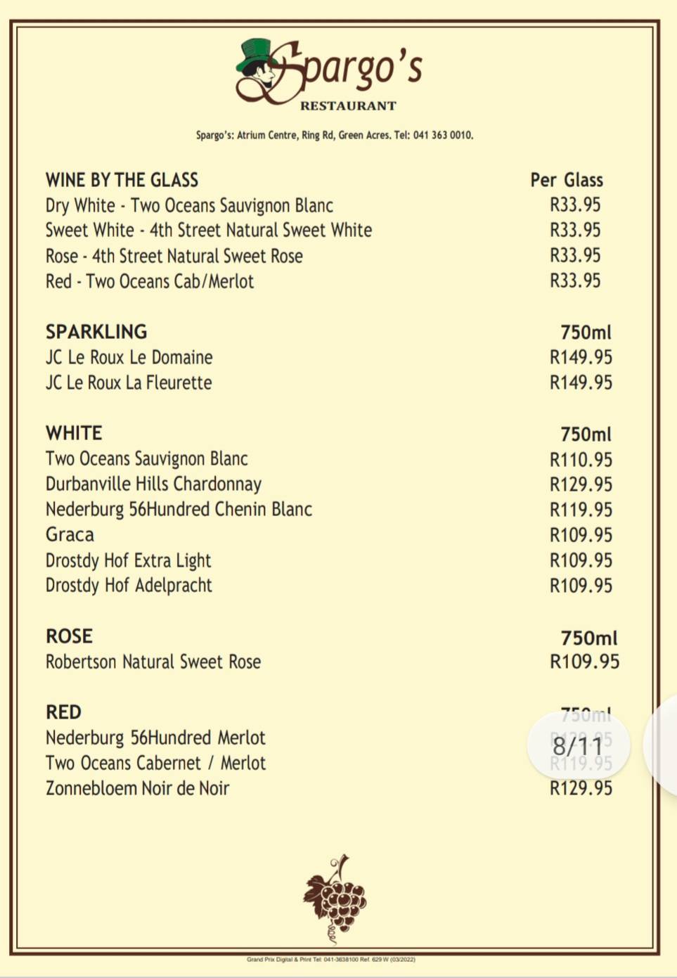 Menu at Spargo's restaurant, Port Elizabeth, Ring Rd