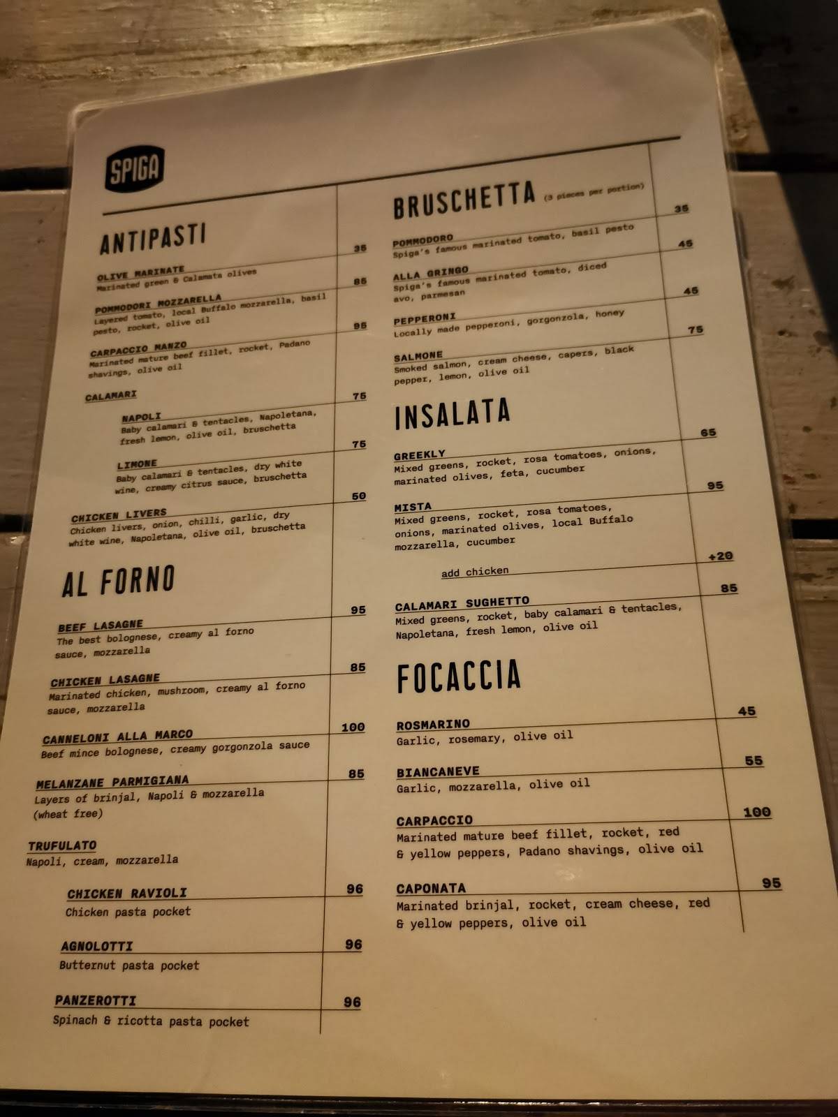 Menu at Spiga restaurant, Durban, 465 Innes Rd