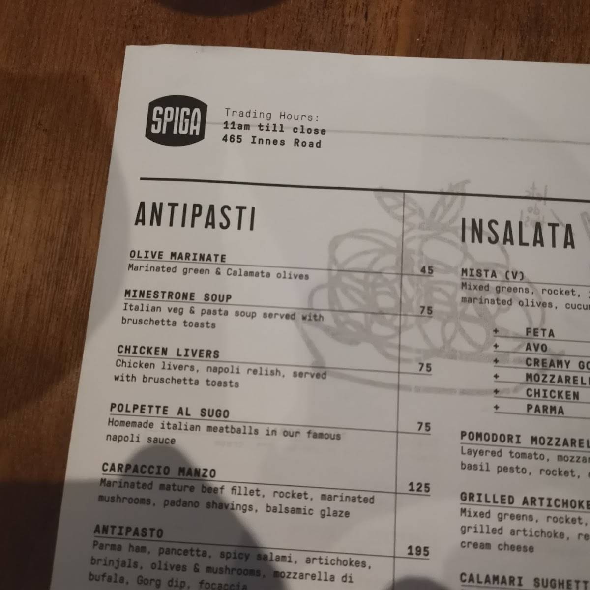 Menu at Spiga restaurant, Durban, 465 Innes Rd
