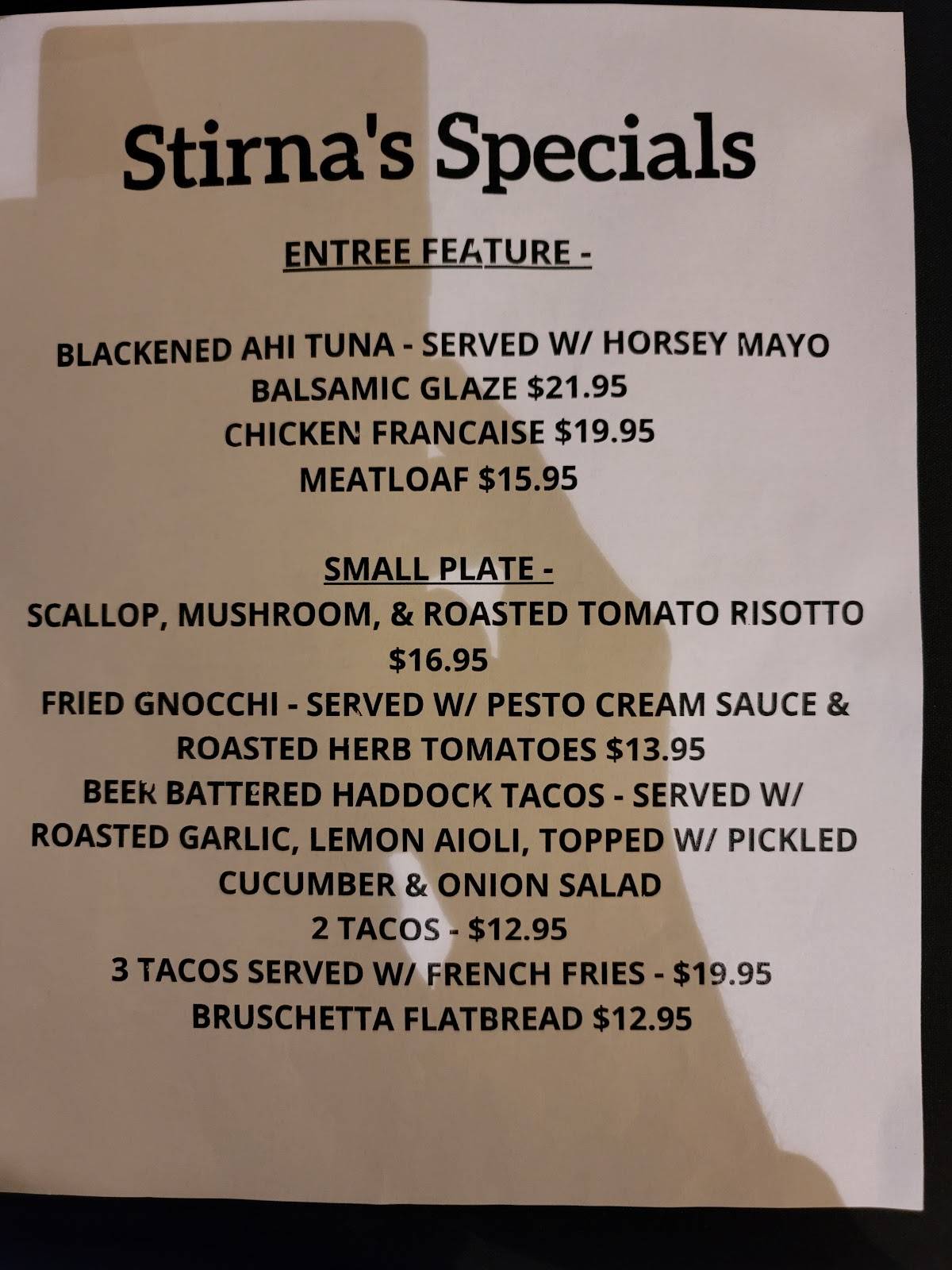 Menu at Stirna's Restaurant, Scranton