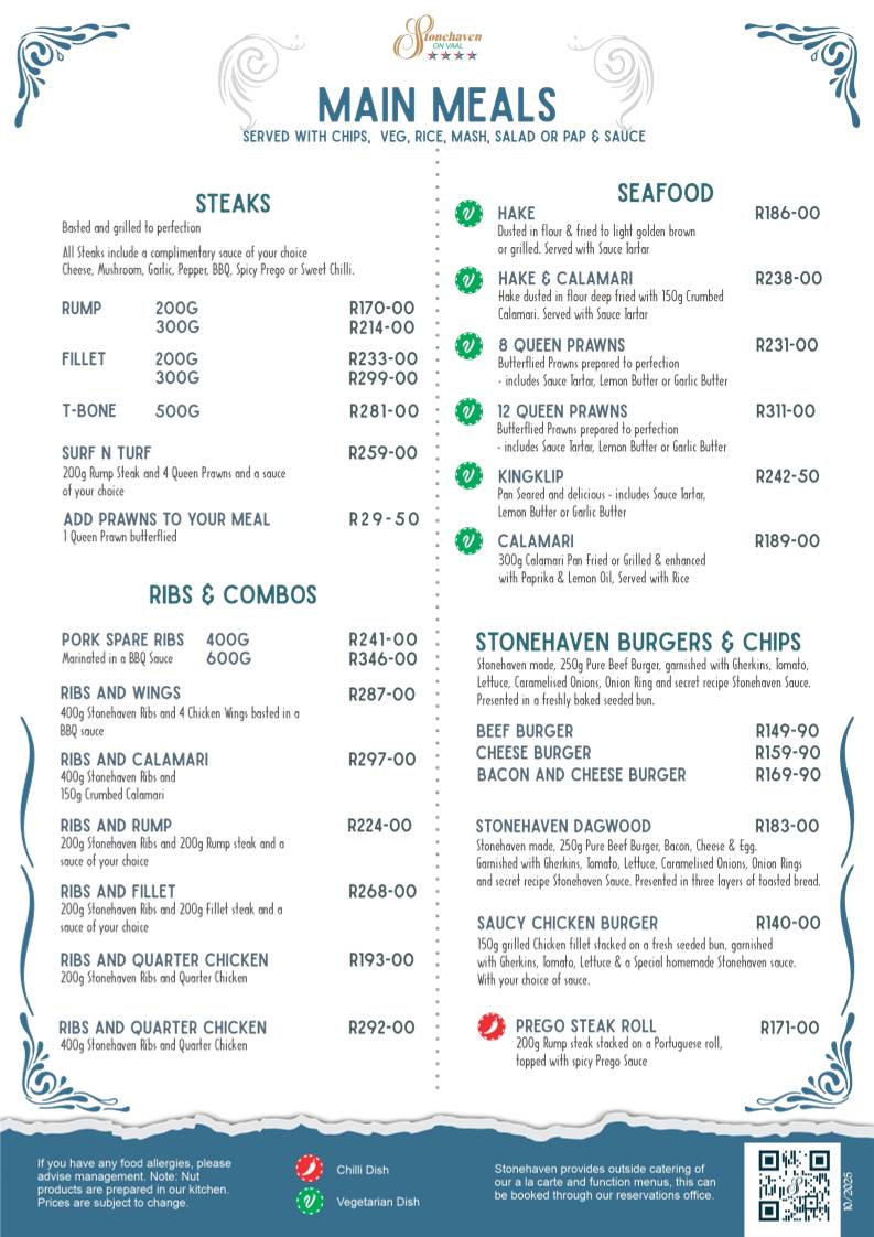 Menu at Stonehaven on Vaal restaurant, Vanderbijlpark