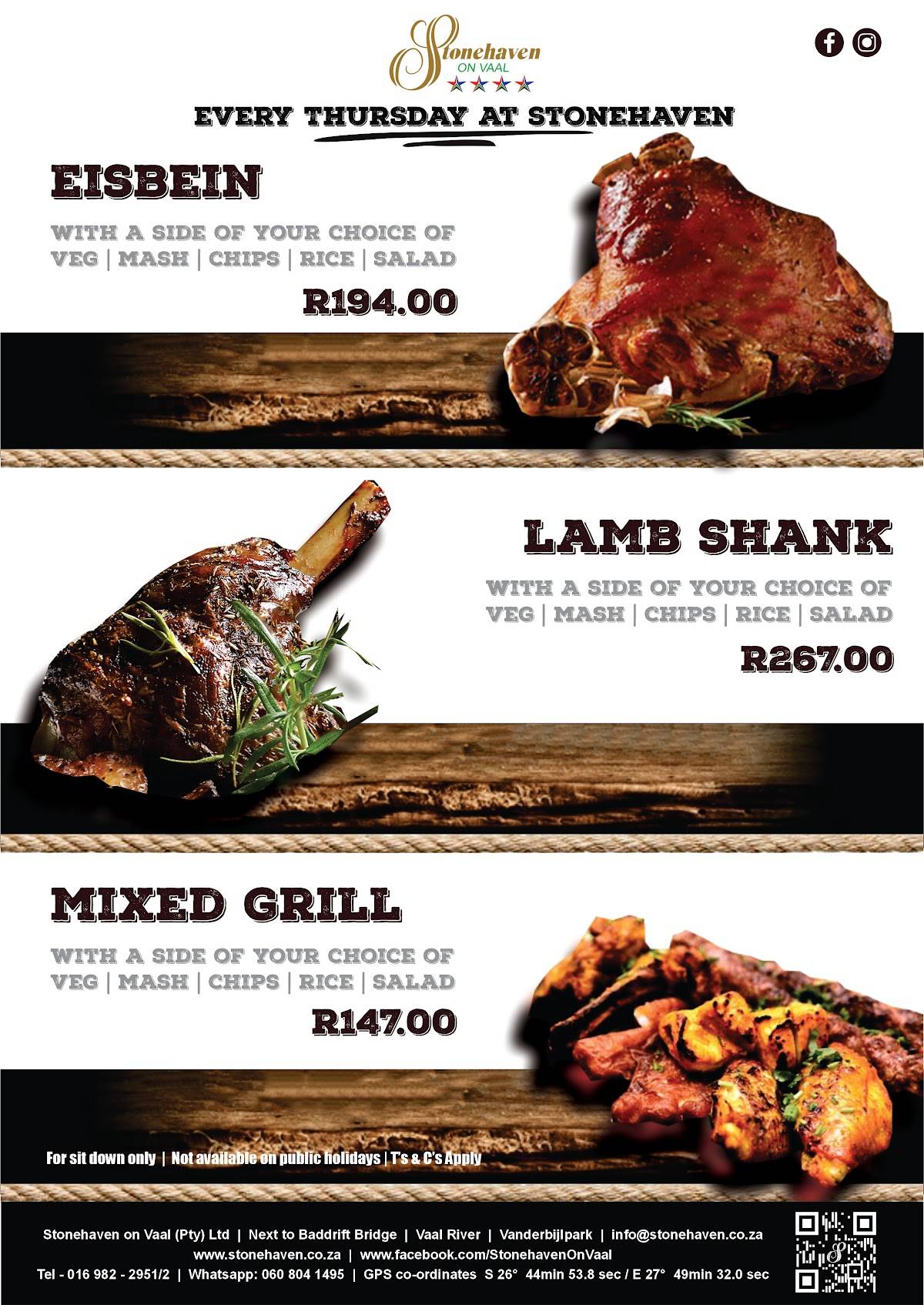 Menu at Stonehaven on Vaal restaurant, Vanderbijlpark