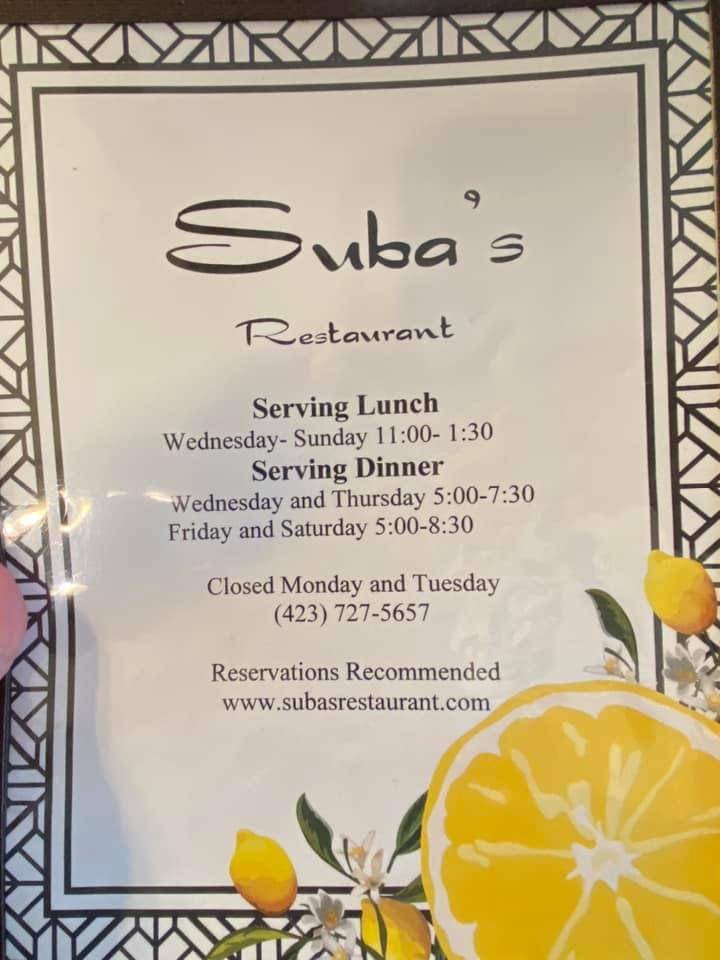 Menu at Suba's Restaurant, Mountain City