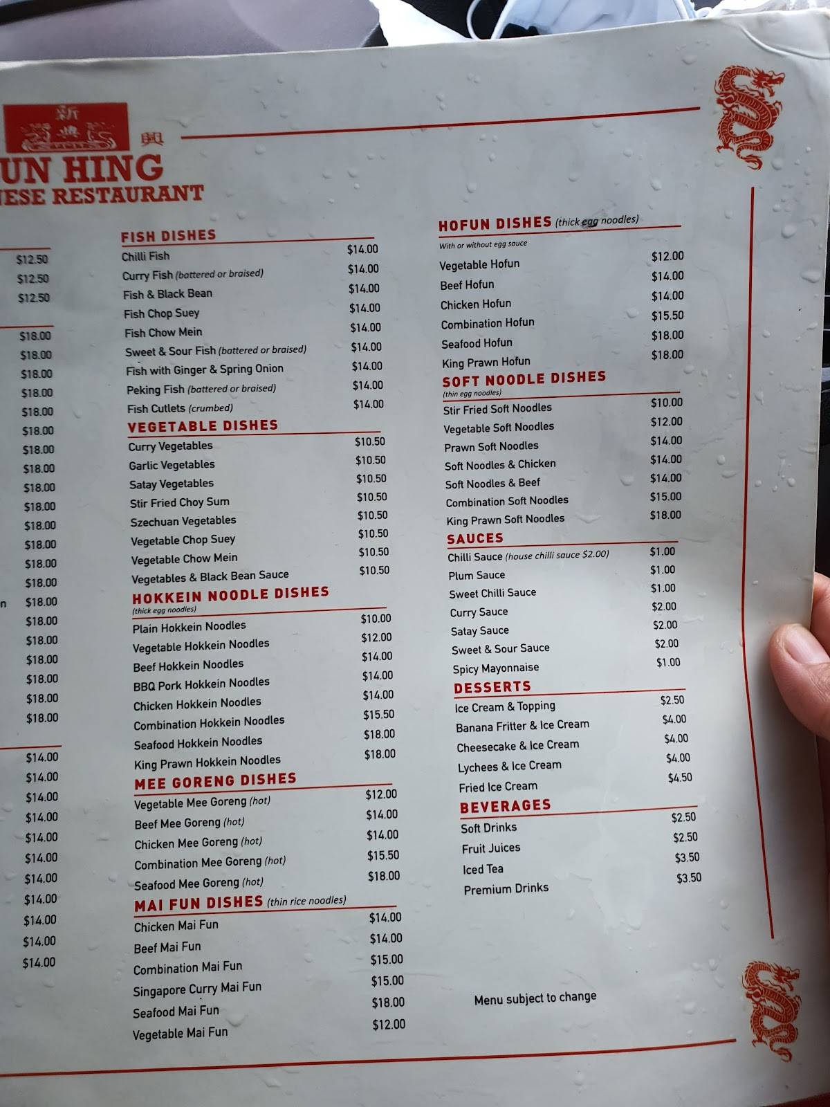 Menu at Sun Hing restaurant, Armadale
