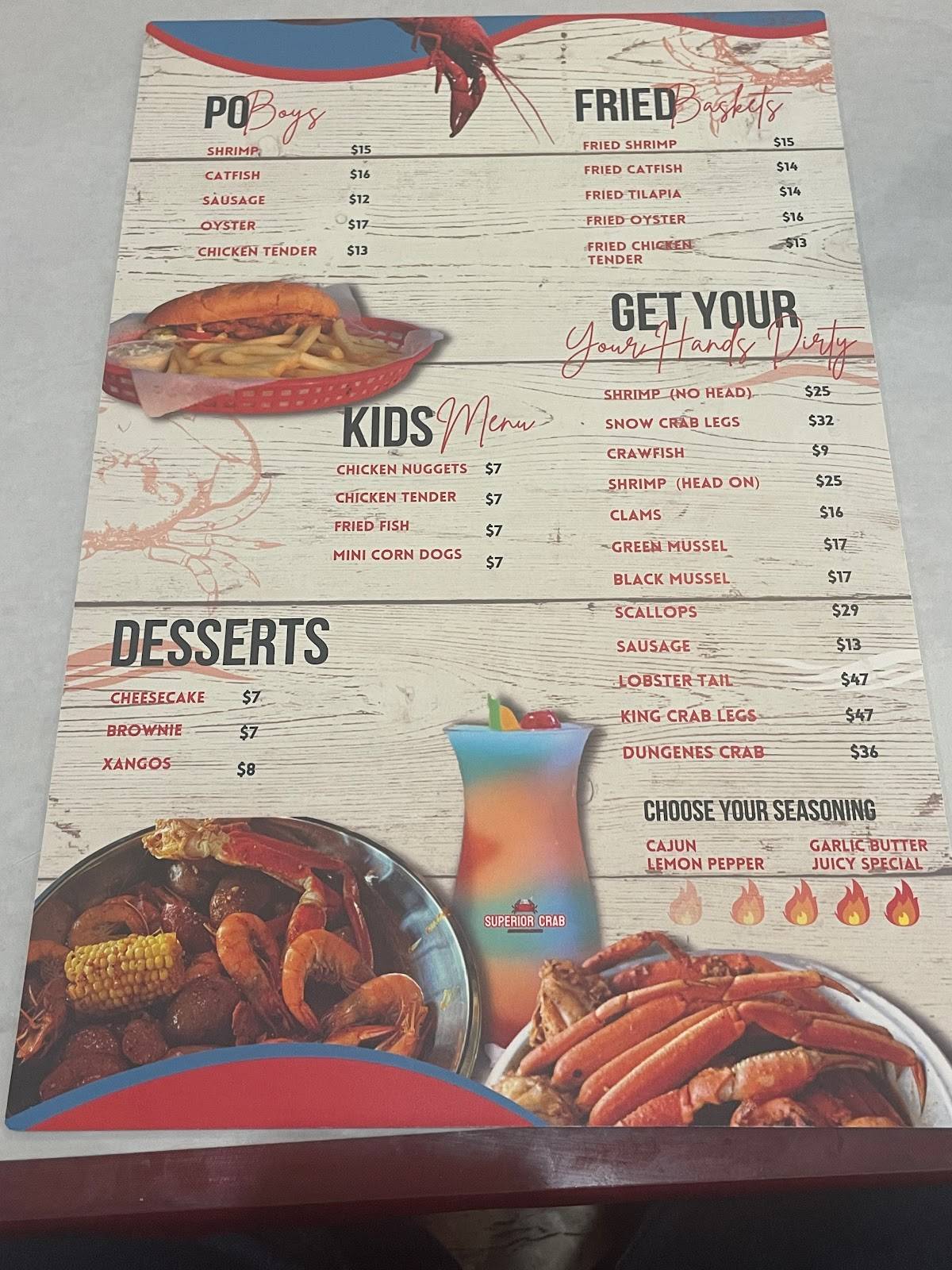 Menu at Superior Crab restaurant, Vicksburg