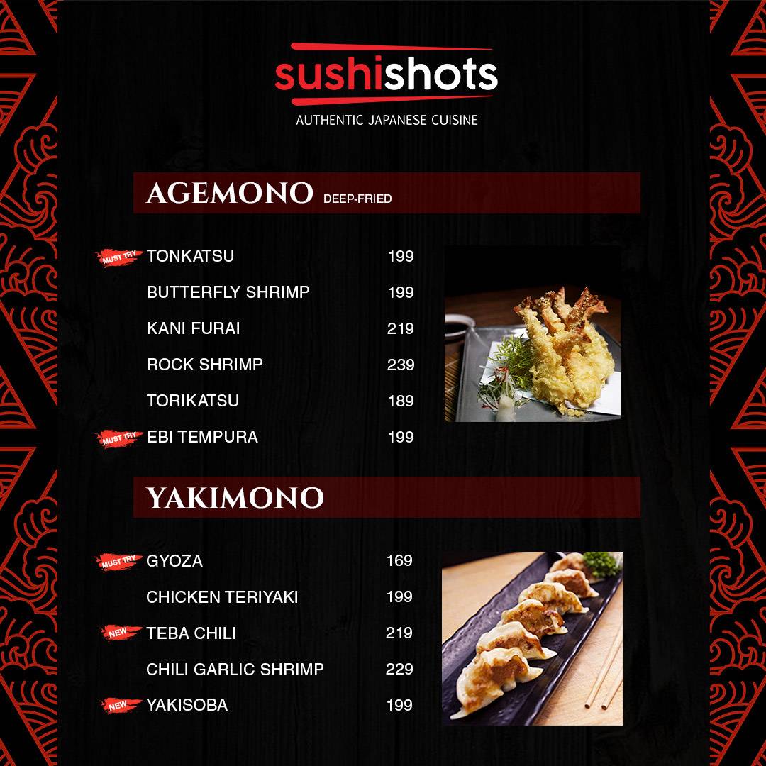 Menu at SushiShots restaurant, Mandaue City, M. L. Quezon Ave