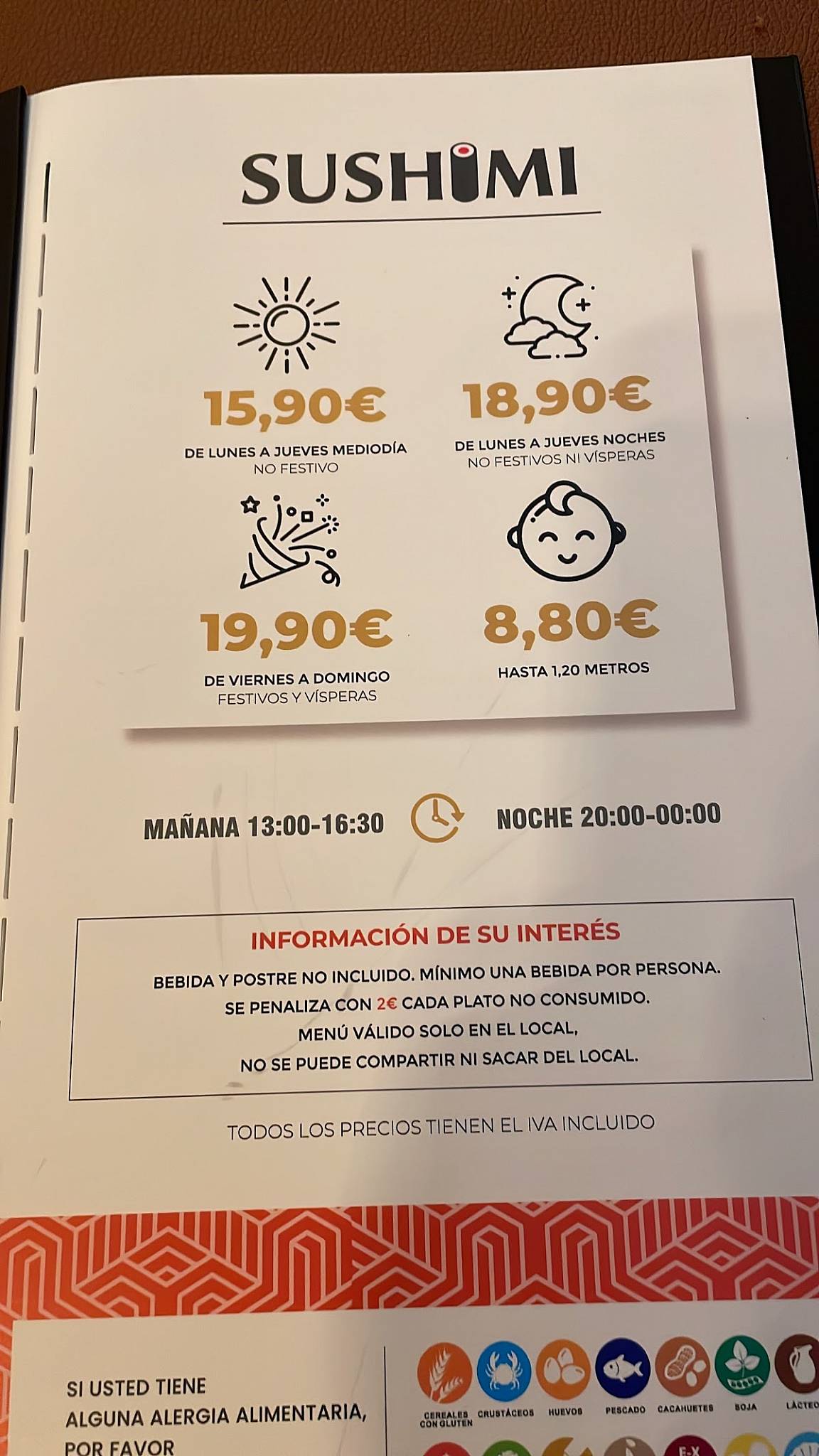 Carta del restaurante Sushimi, Sevilla