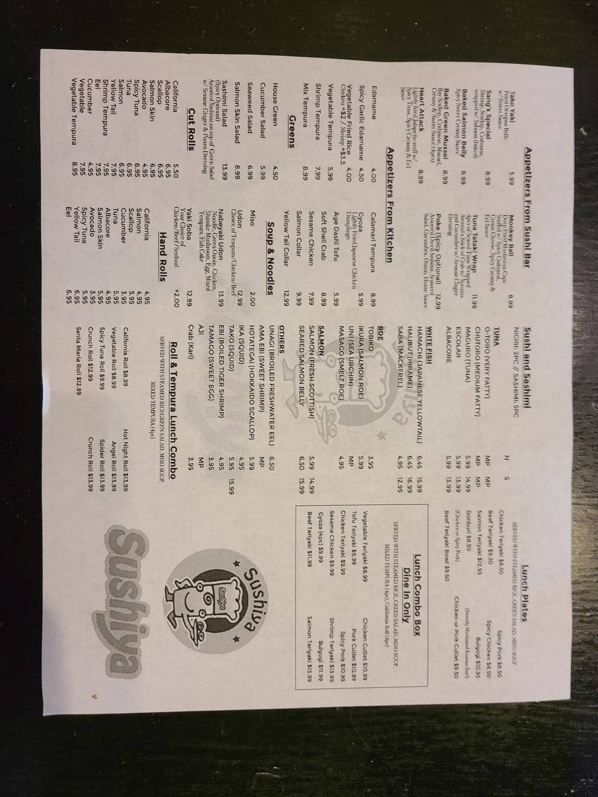 Menu at Sushiya restaurant, San Luis Obispo, Los Osos Valley Rd #160