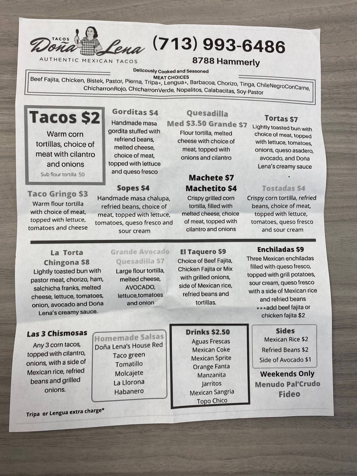 Menu at Tacos Doña Lena restaurant, Houston