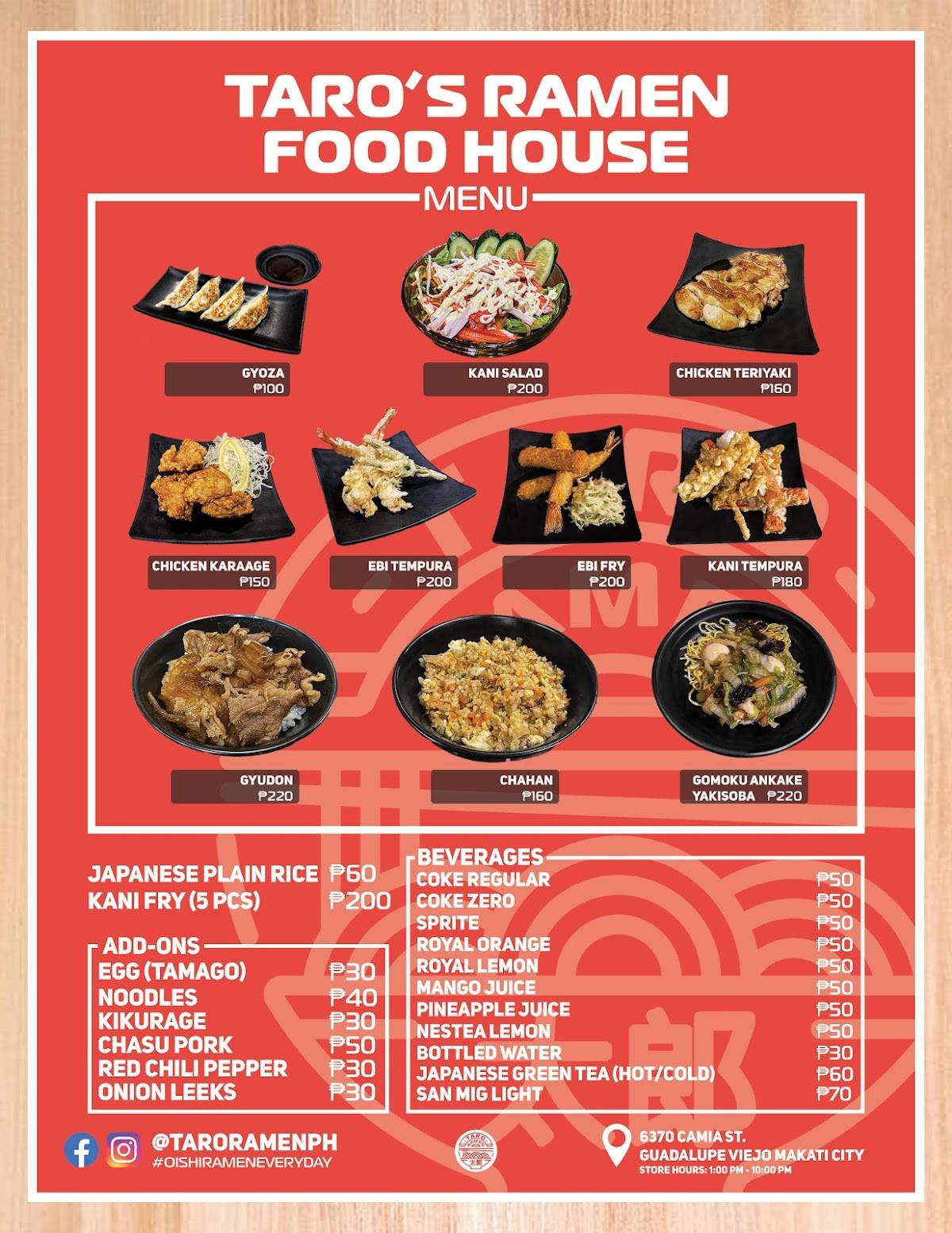 Menu at Taro Ramen restaurant, Makati