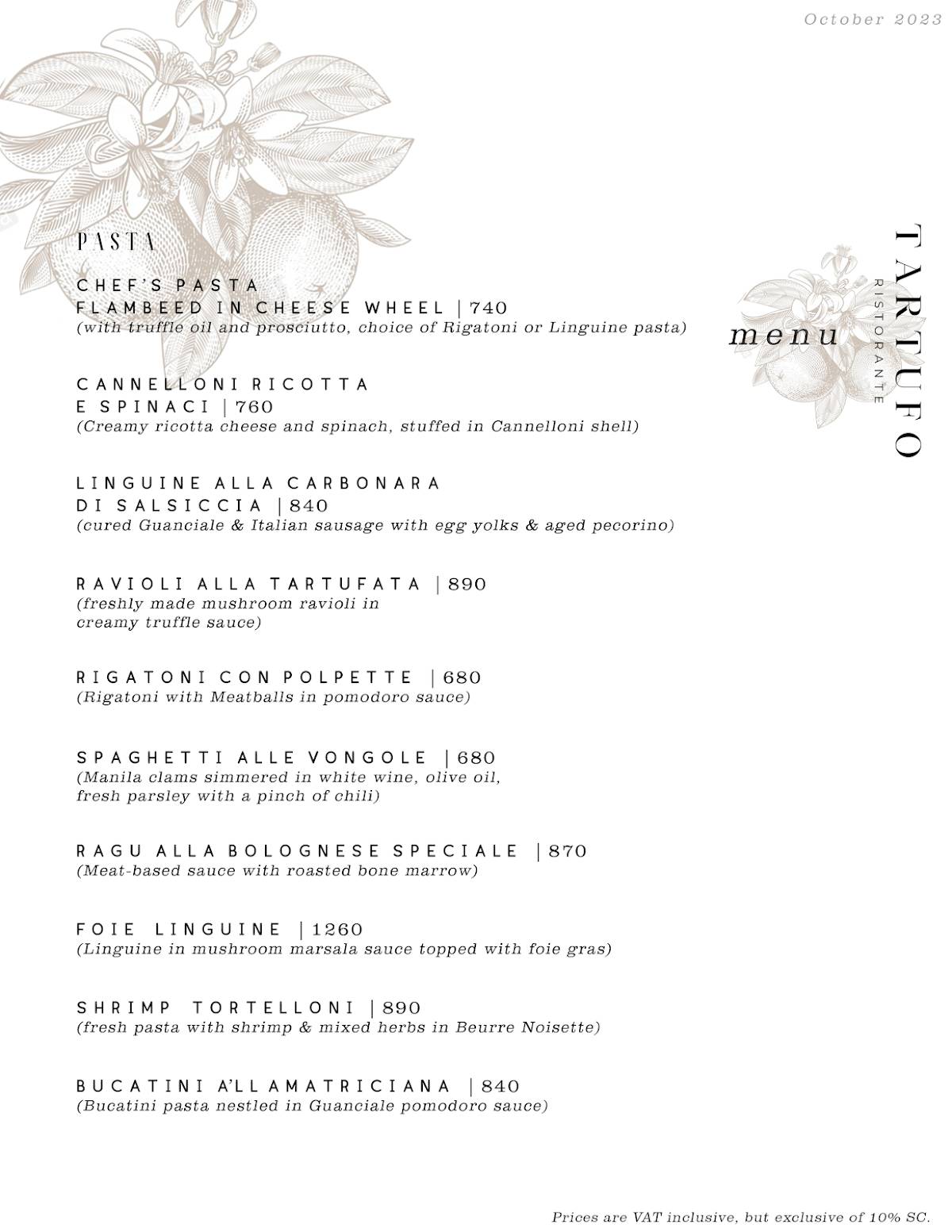 Menu at Tartufo Ristorante - Grove restaurant, Pasig
