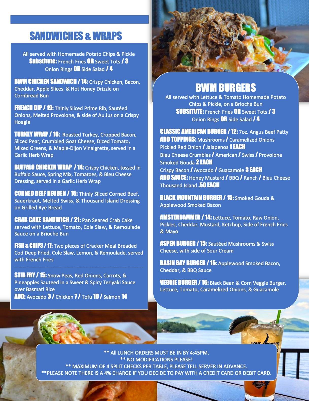 Menu at Blue Water Manor pub & bar, Bolton, Lake Shore Dr