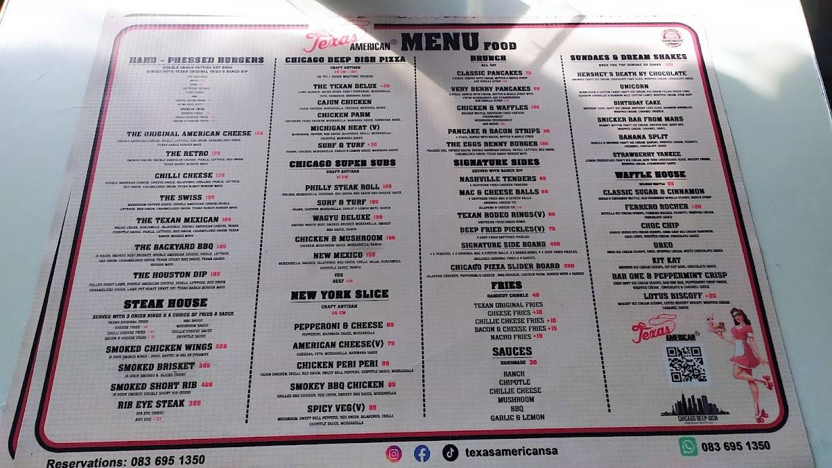 Menu at Texas American Glen Ashley restaurant, Durban
