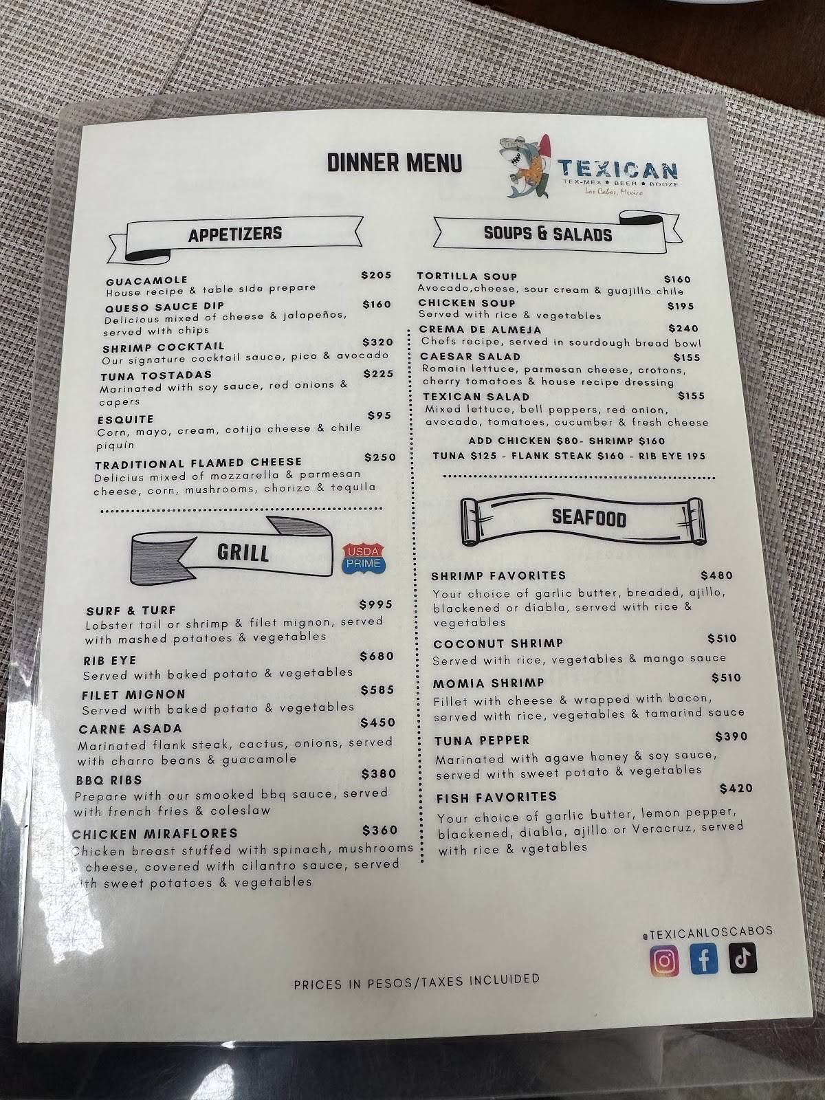 Menu at Texican Restaurant, Cabo San Lucas