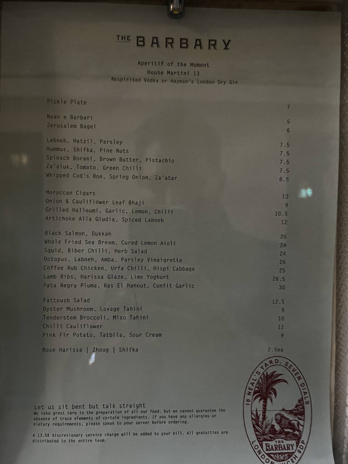 Menu at The Barbary, London