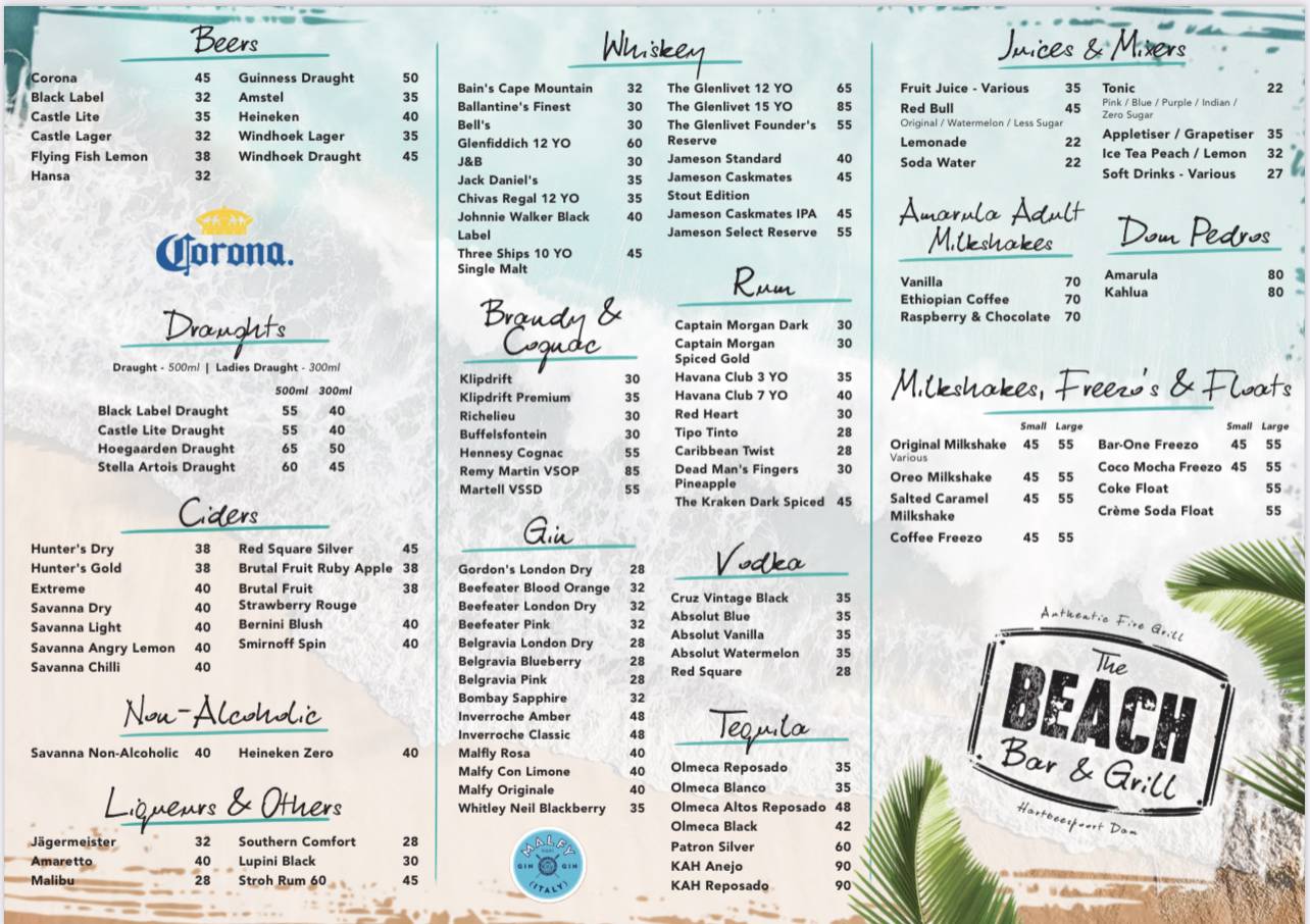 Menu at The Beach Bar & Grill, Hartbeespoort