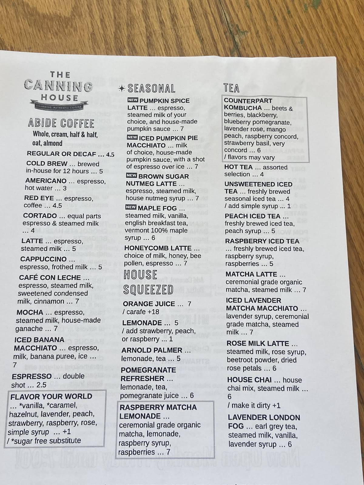 Menu at The Canning House restaurant, Forty Fort