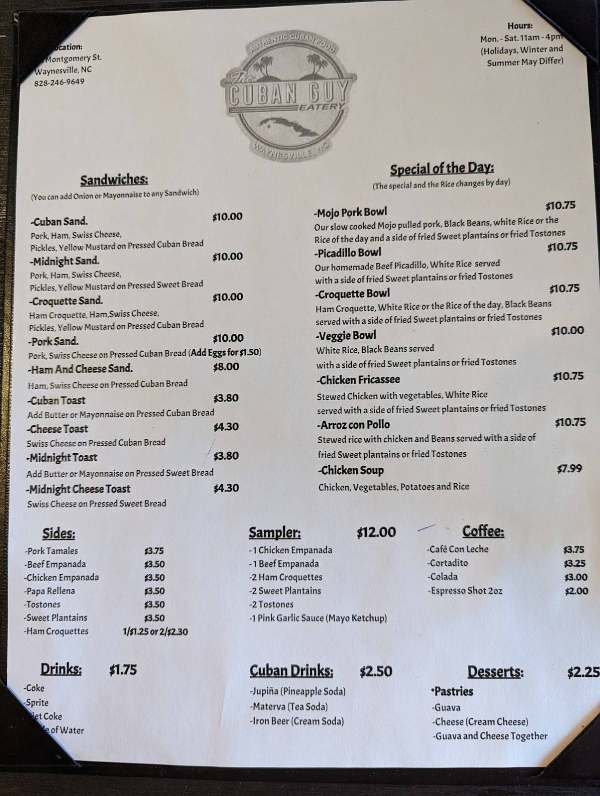 Menu at The Cuban Guy restaurant, Waynesville