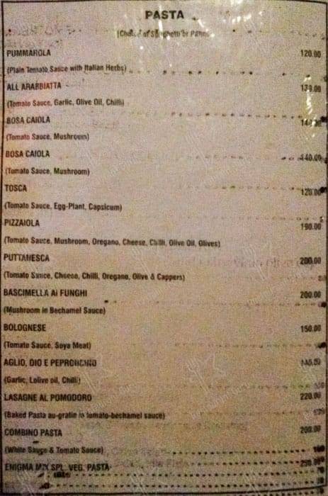 Menu at The Enigma Cafe, Pushkar