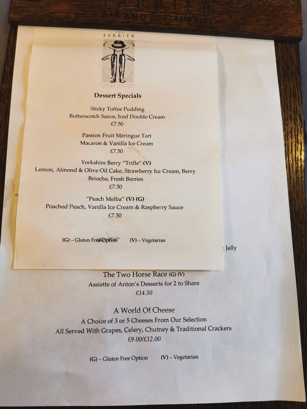 Menu at The Farrier restaurant, Scarborough