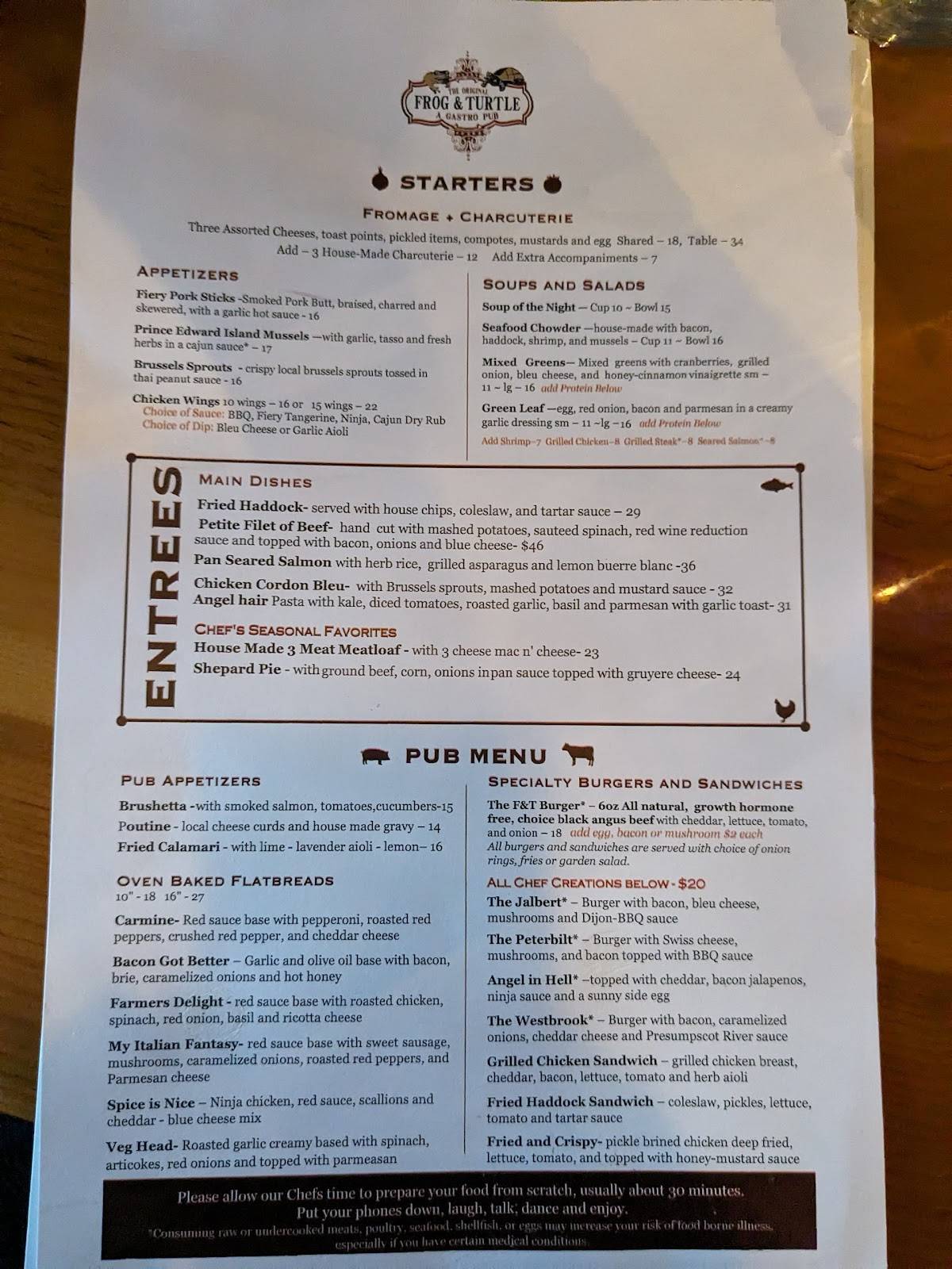 Menu at The Frog & Turtle restaurant, Westbrook