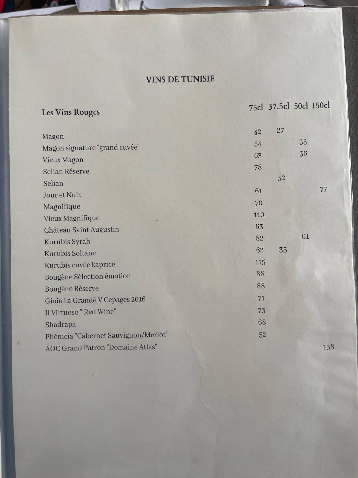 Menu au Le Golfe restaurant, Tunis
