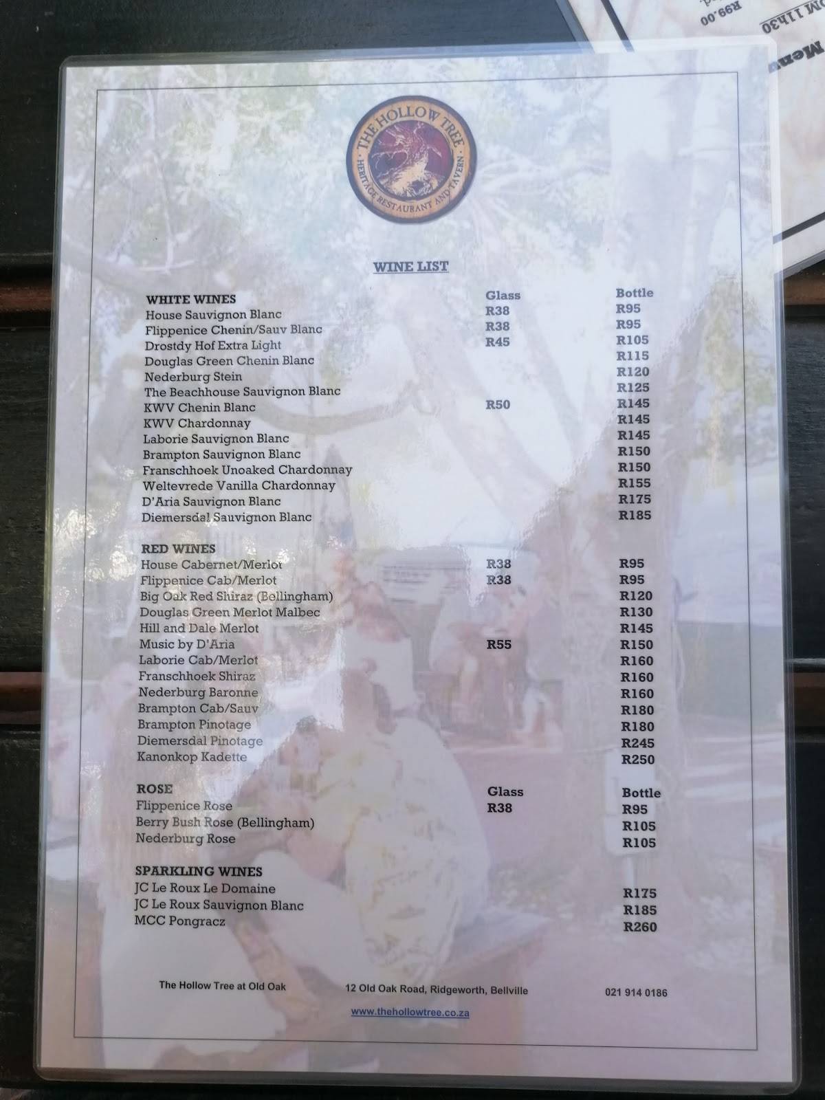 Menu at The Hollow Tree at Old Oak restaurant, Cape Town, 12 Old Oak Rd