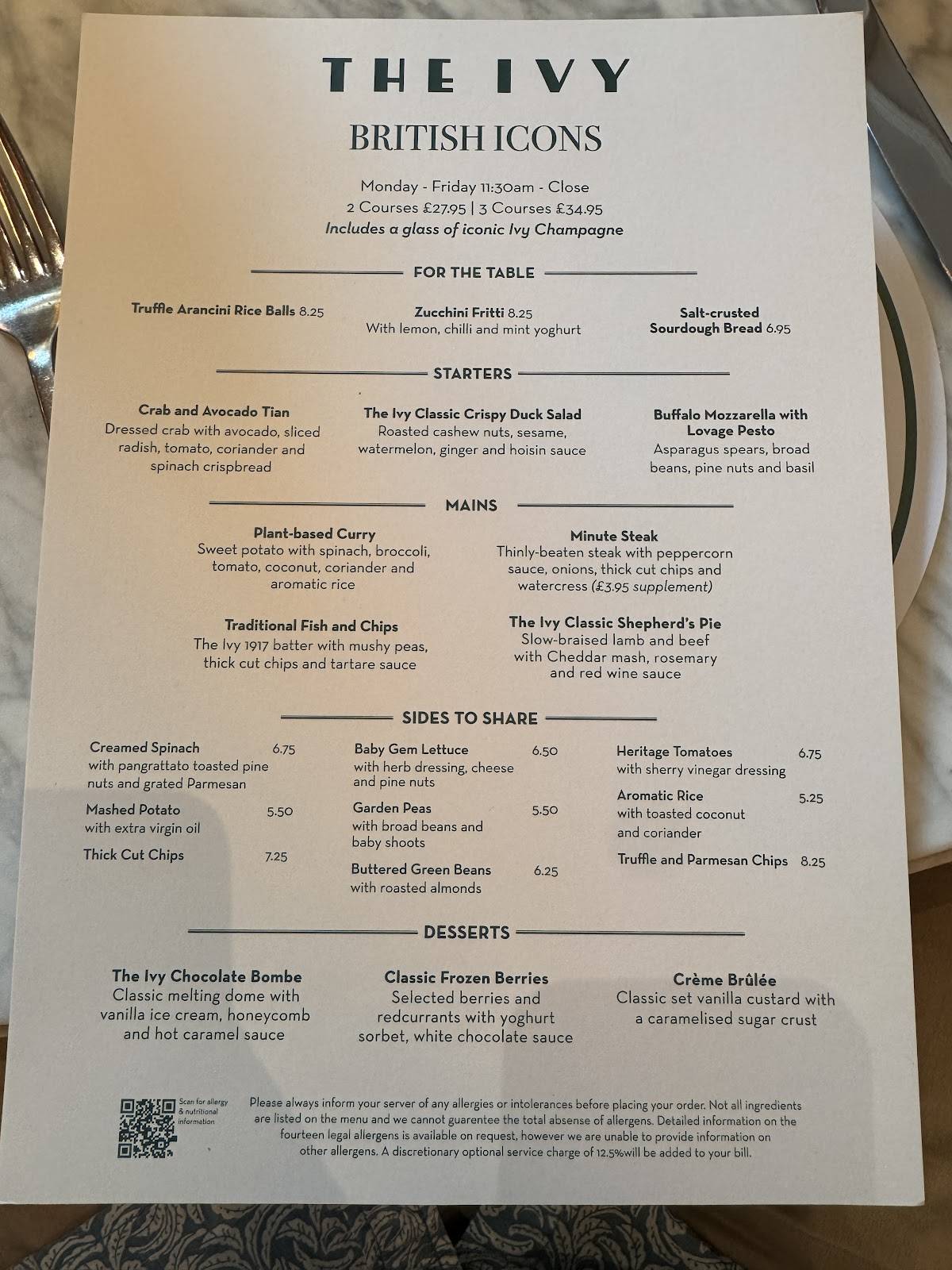 Menu at The Ivy Spinningfields Brasserie, Manchester restaurant, Manchester