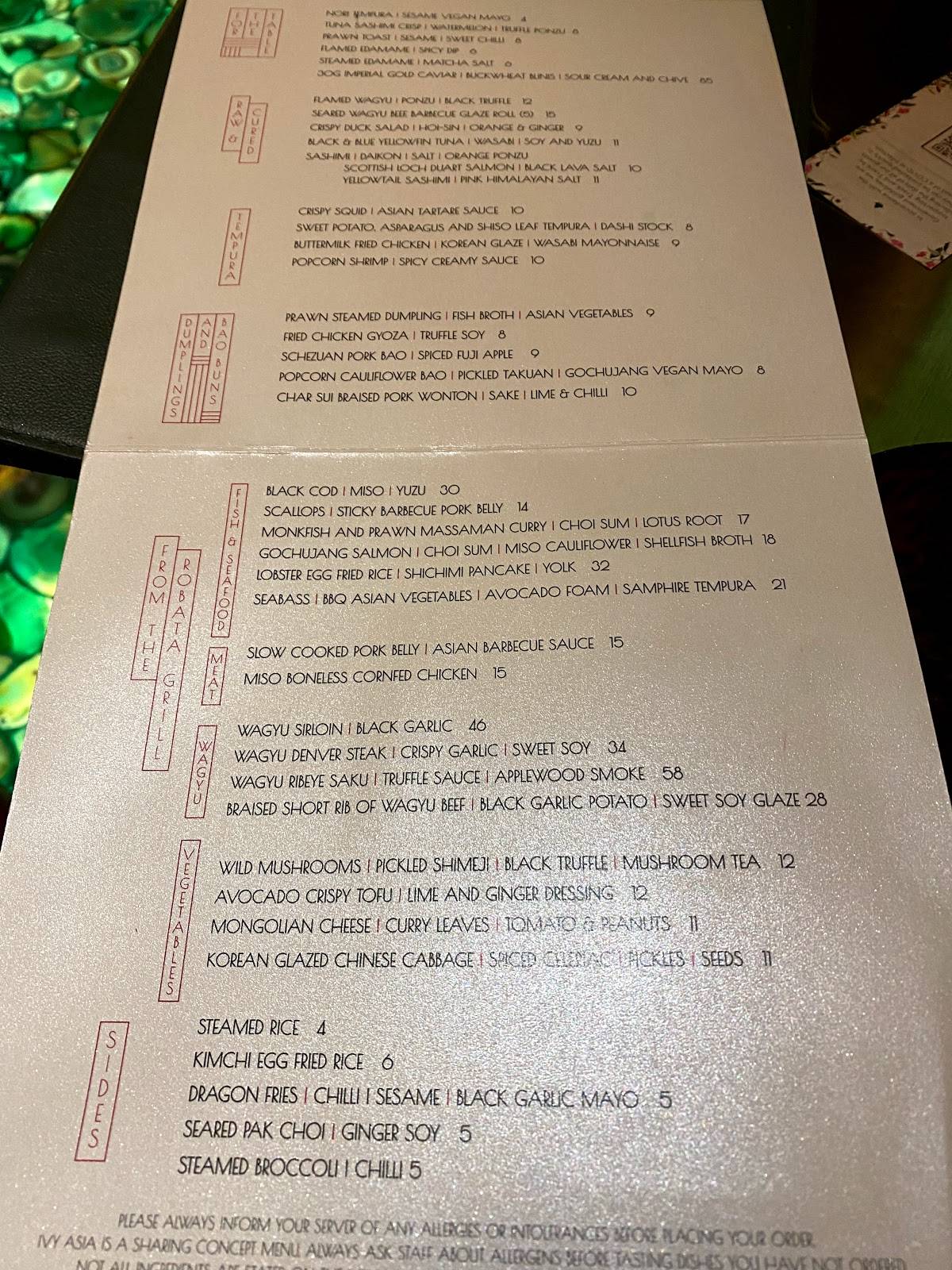 Menu at The Ivy Spinningfields Manchester restaurant, Manchester