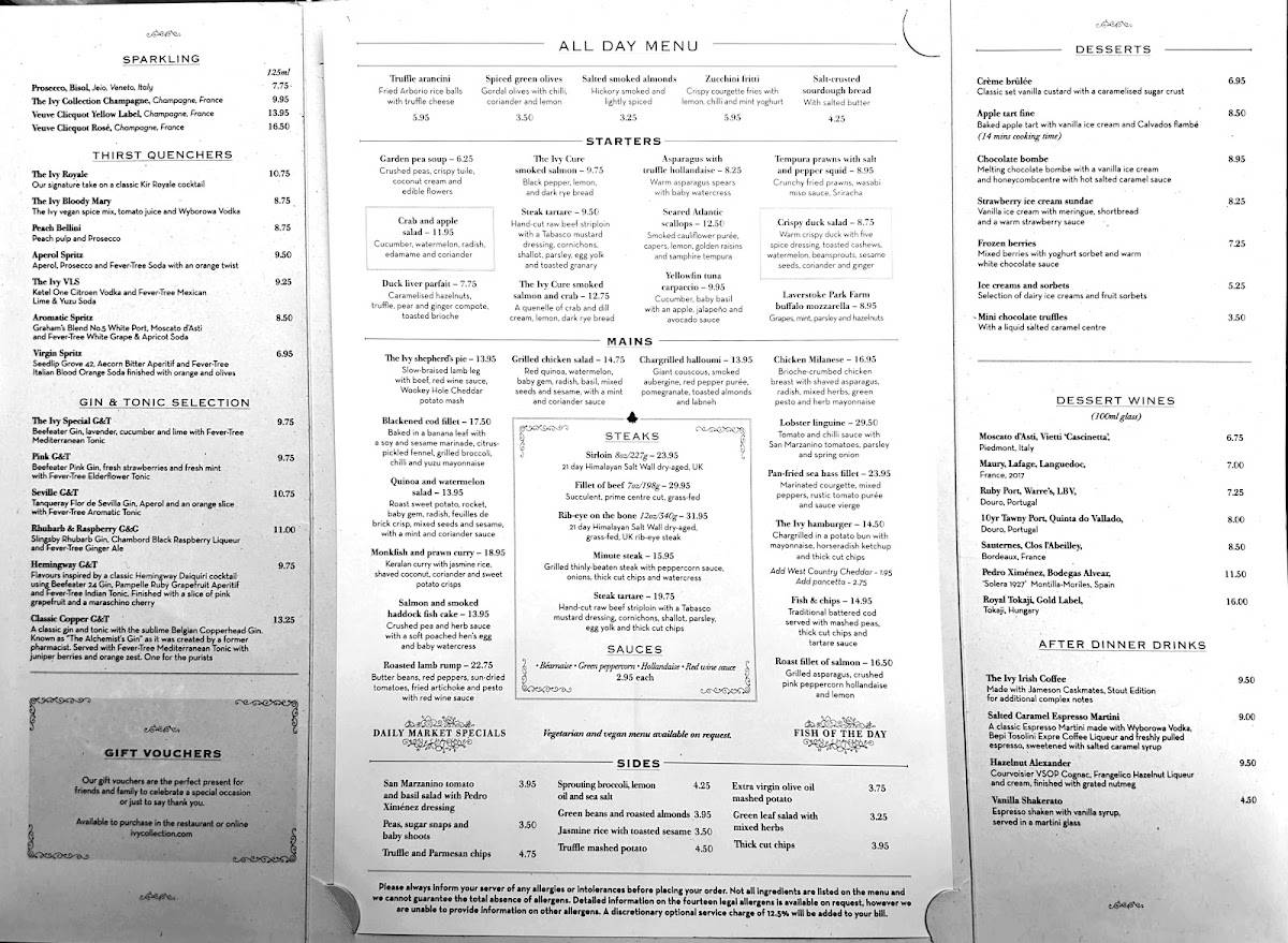 Menu at The Ivy Spinningfields Manchester restaurant, Manchester