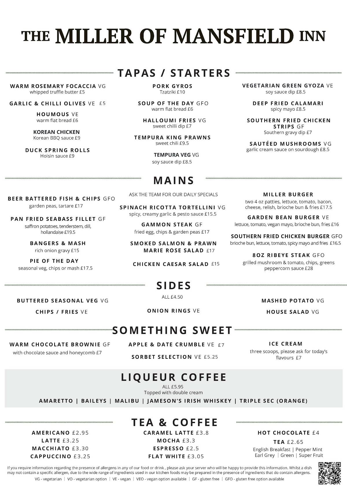 Menu at The Miller of Mansfield restaurant, Goring