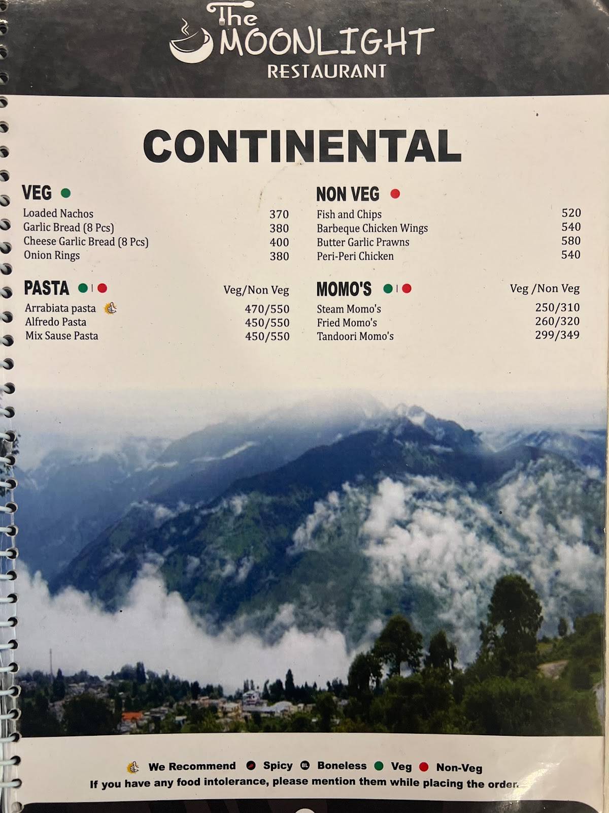 Menu at The Moonlight Restaurant, Nainital