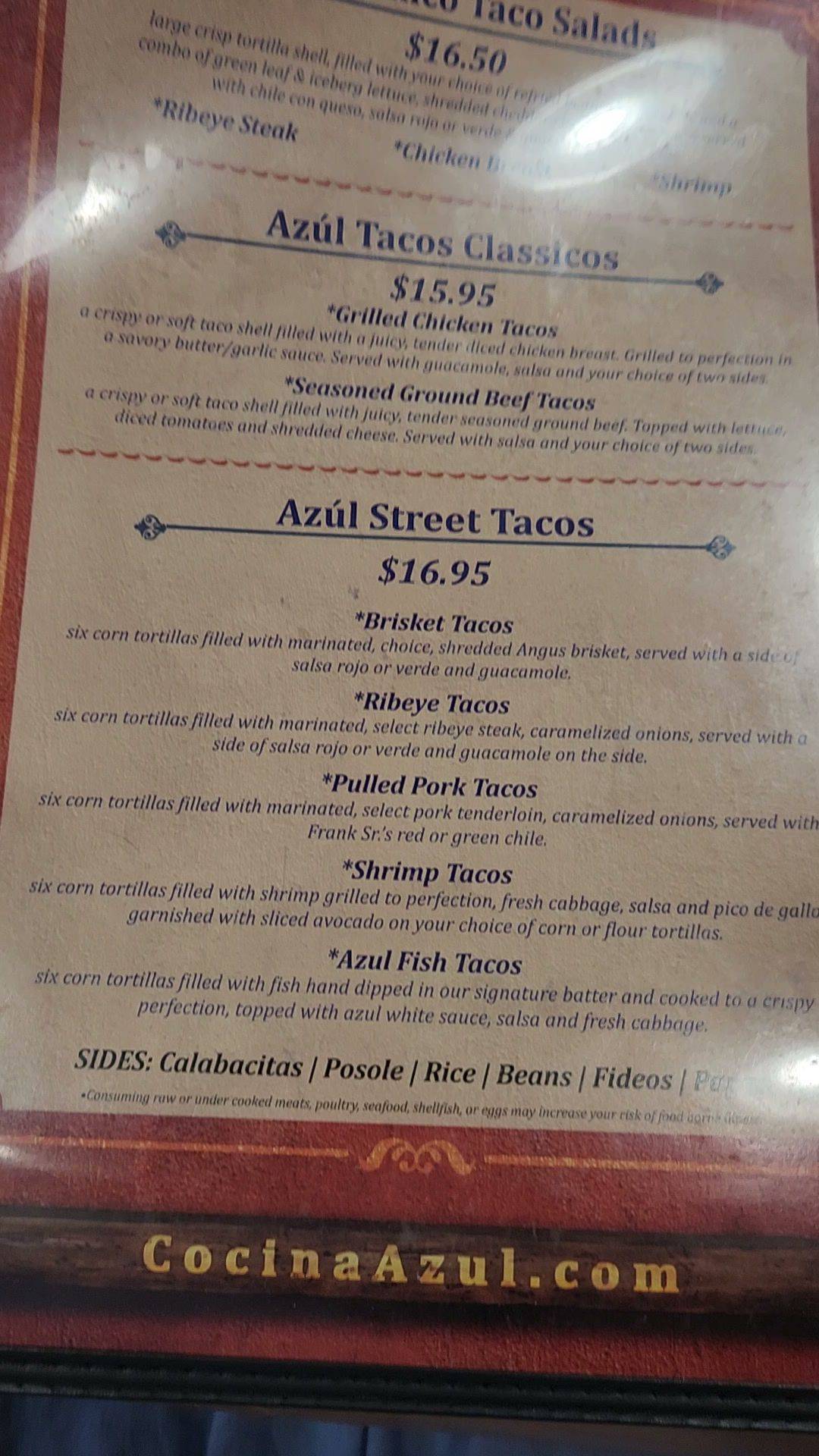 Menu at The Original Cocina Azul restaurant, Albuquerque, Mountain Rd NW