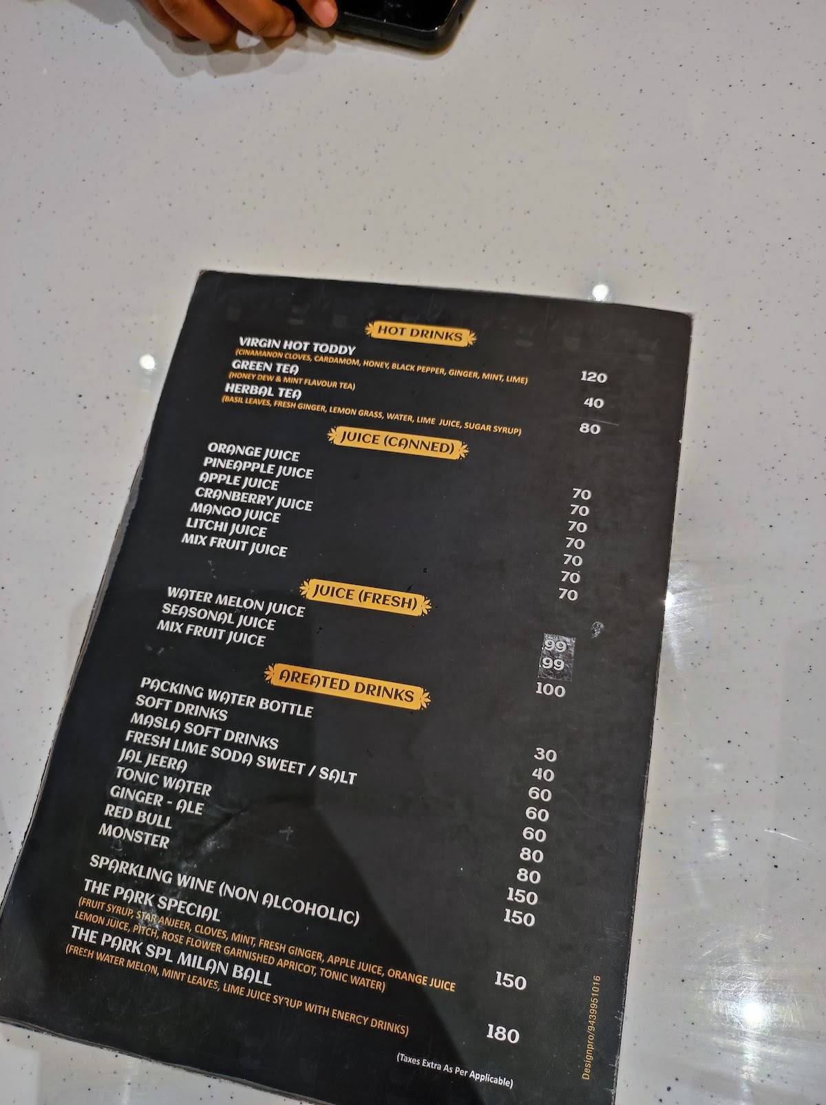 Menu at The Park (TP), Rourkela