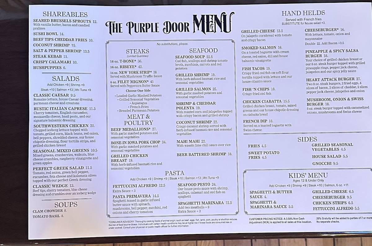 Menu at The Purple Door restaurant, Harlan
