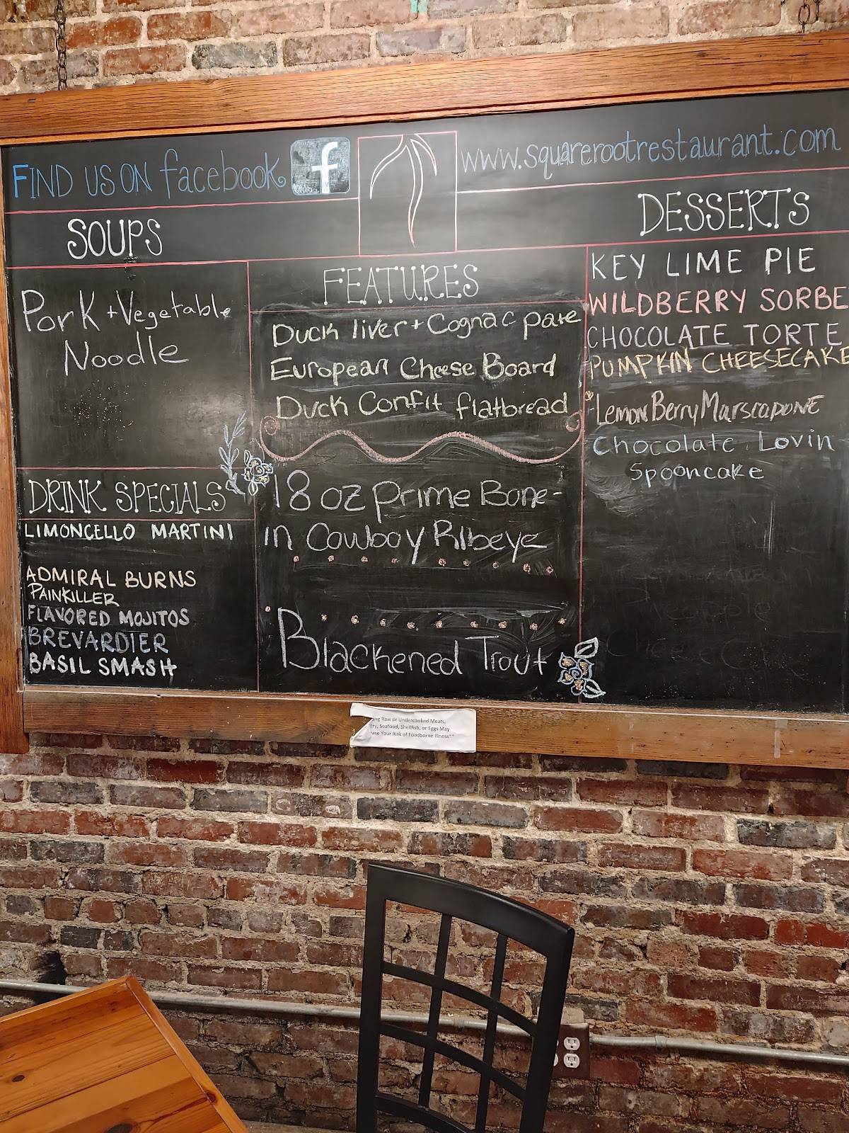 Menu at The Square Root restaurant, Brevard
