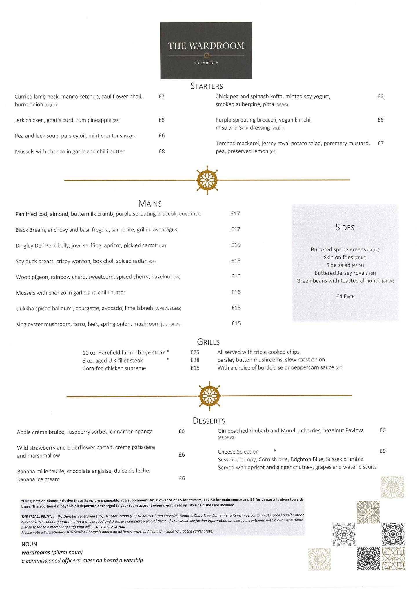 Menu at The Old Ship Hotel restaurant, Brighton, The Old Ship Hotel